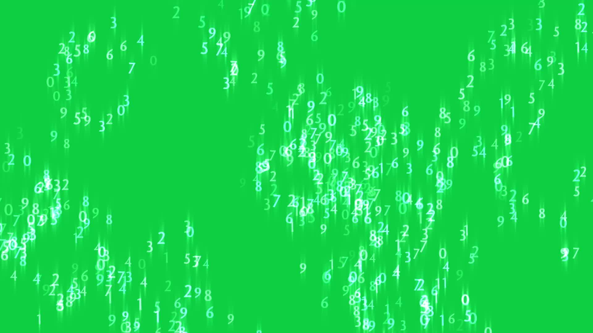 Digital numbers binary code numeric shiny glowing particle animation overlay effect on green ...