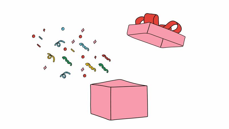 Animation gift box with confetti. Flat style. Present package with ...