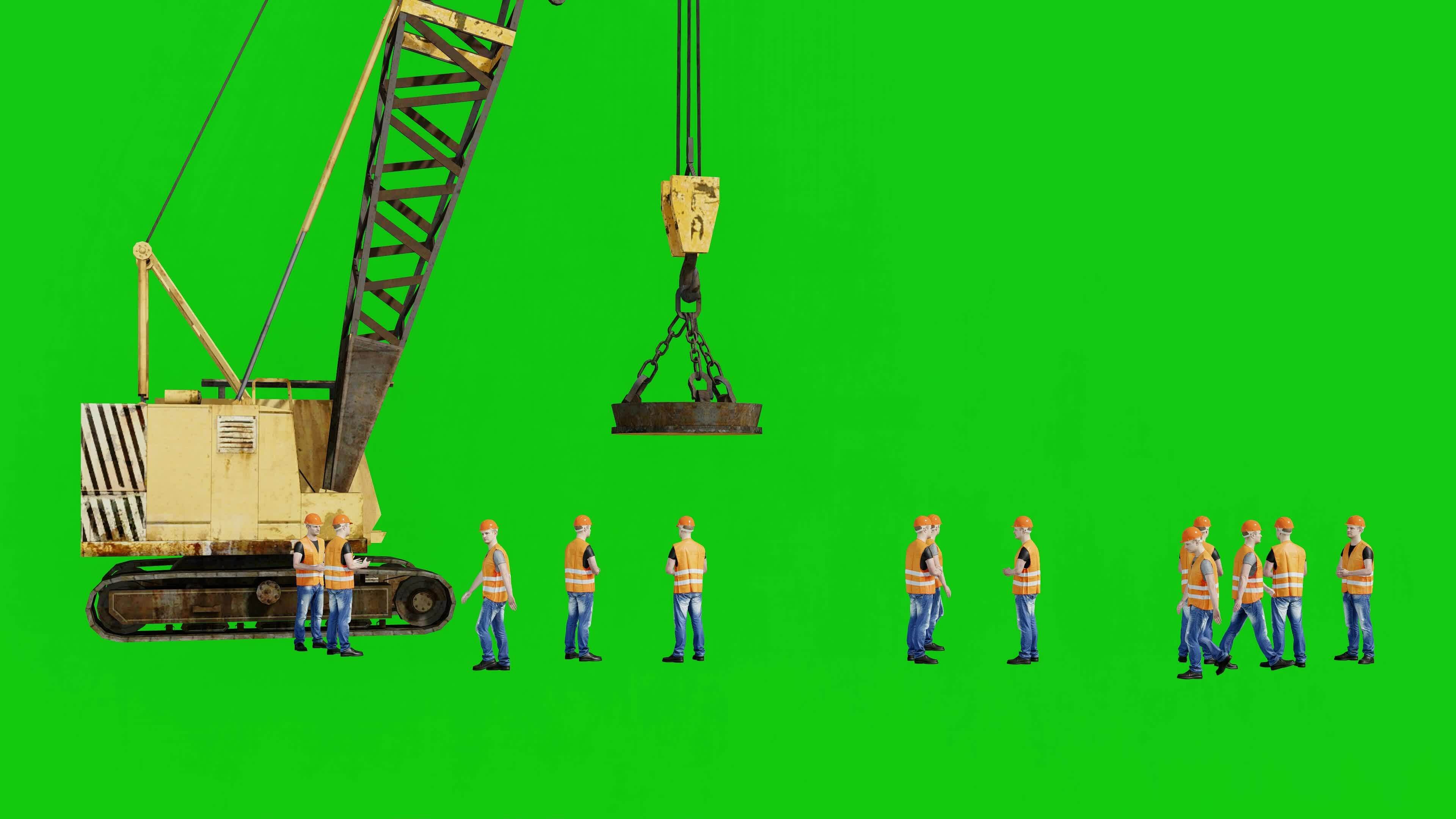 3D Group of Construction Workers with a Crane on Green Screen 34718322 Stock Video at Vecteezy