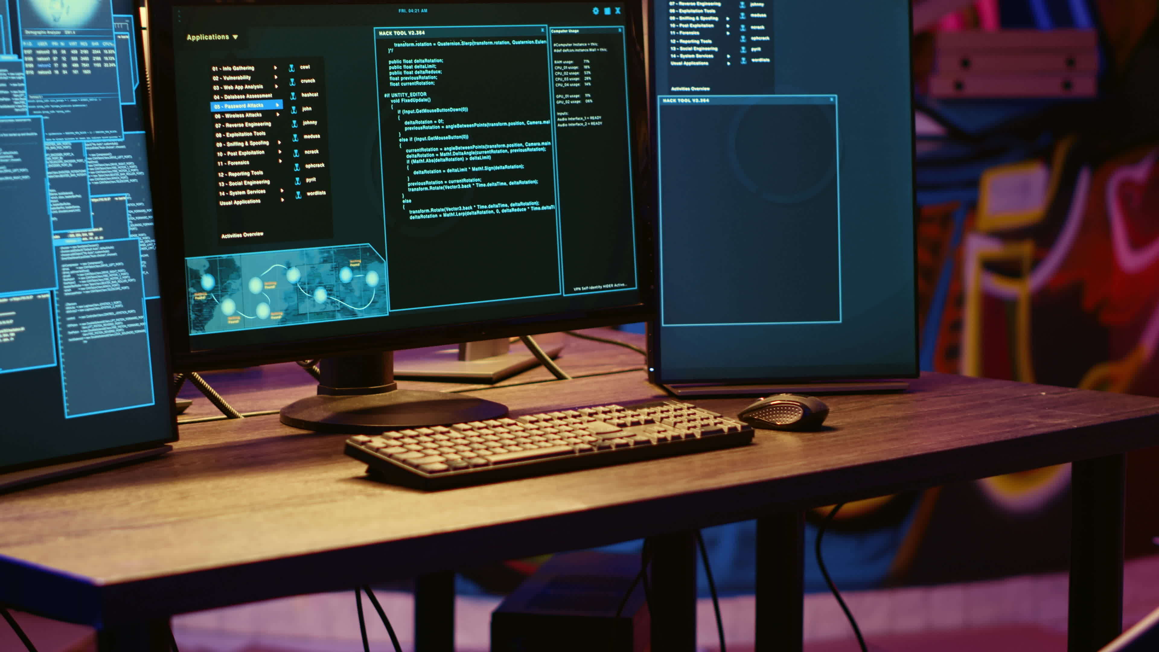 Close Up Shot On Computer Screens With Hacking Lines Of Code In Secret Underground Bunker Pc