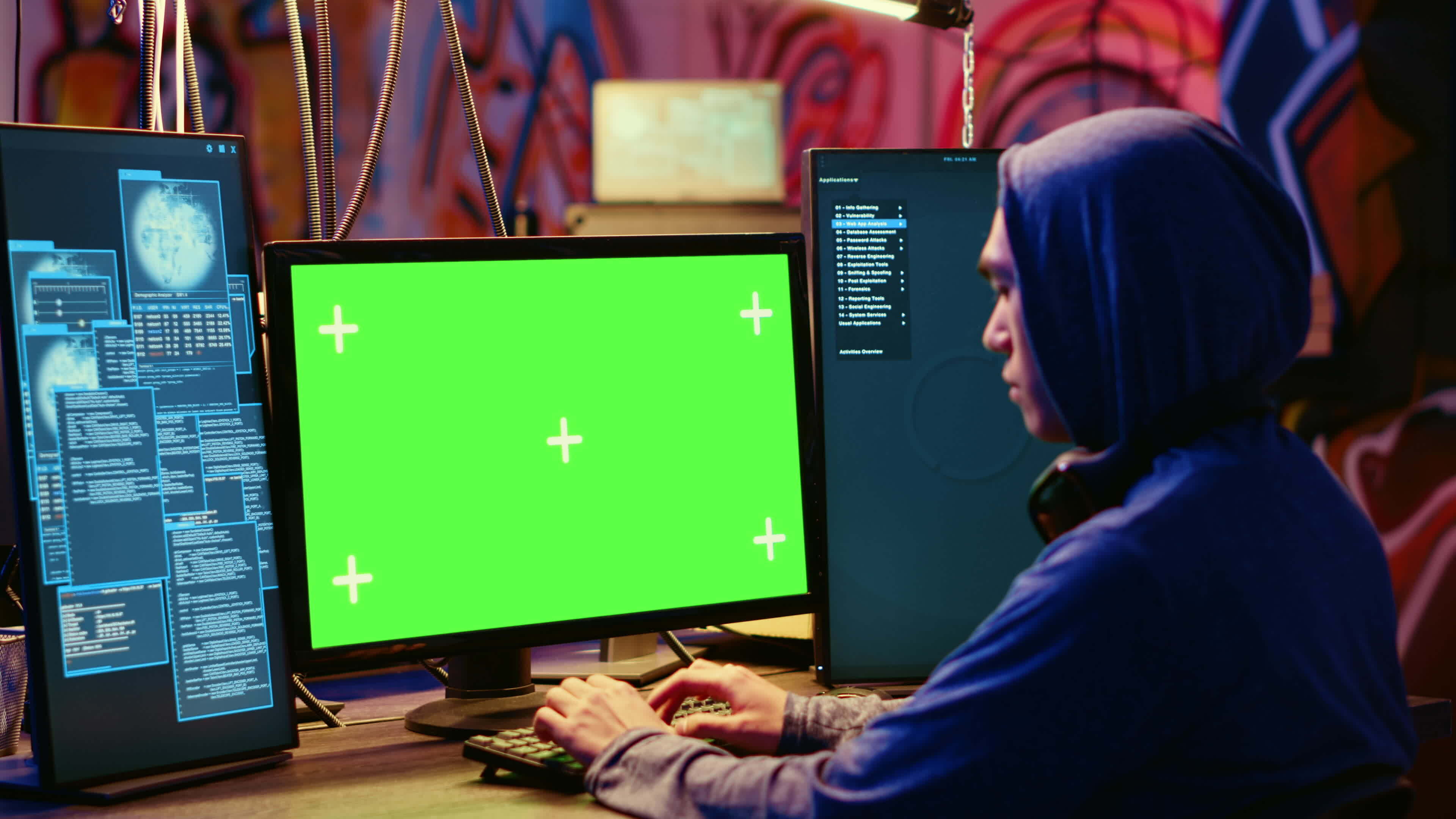 Asian Hacker In Hidden Place With Graffiti Walls Using Green Screen Computer To Deploy Malware