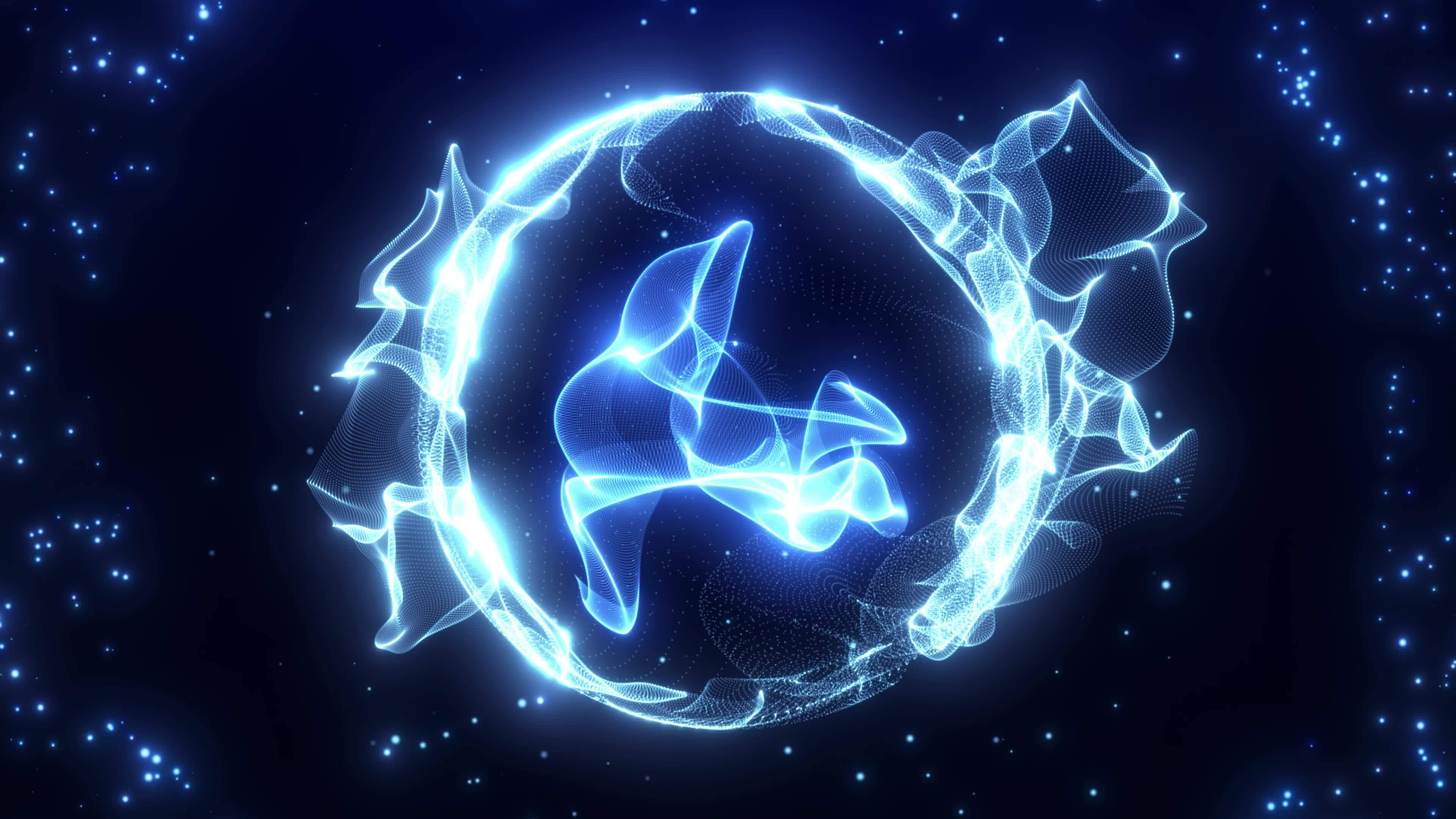 Abstract glowing particle sphere, atom, energy ball shining brightly ...