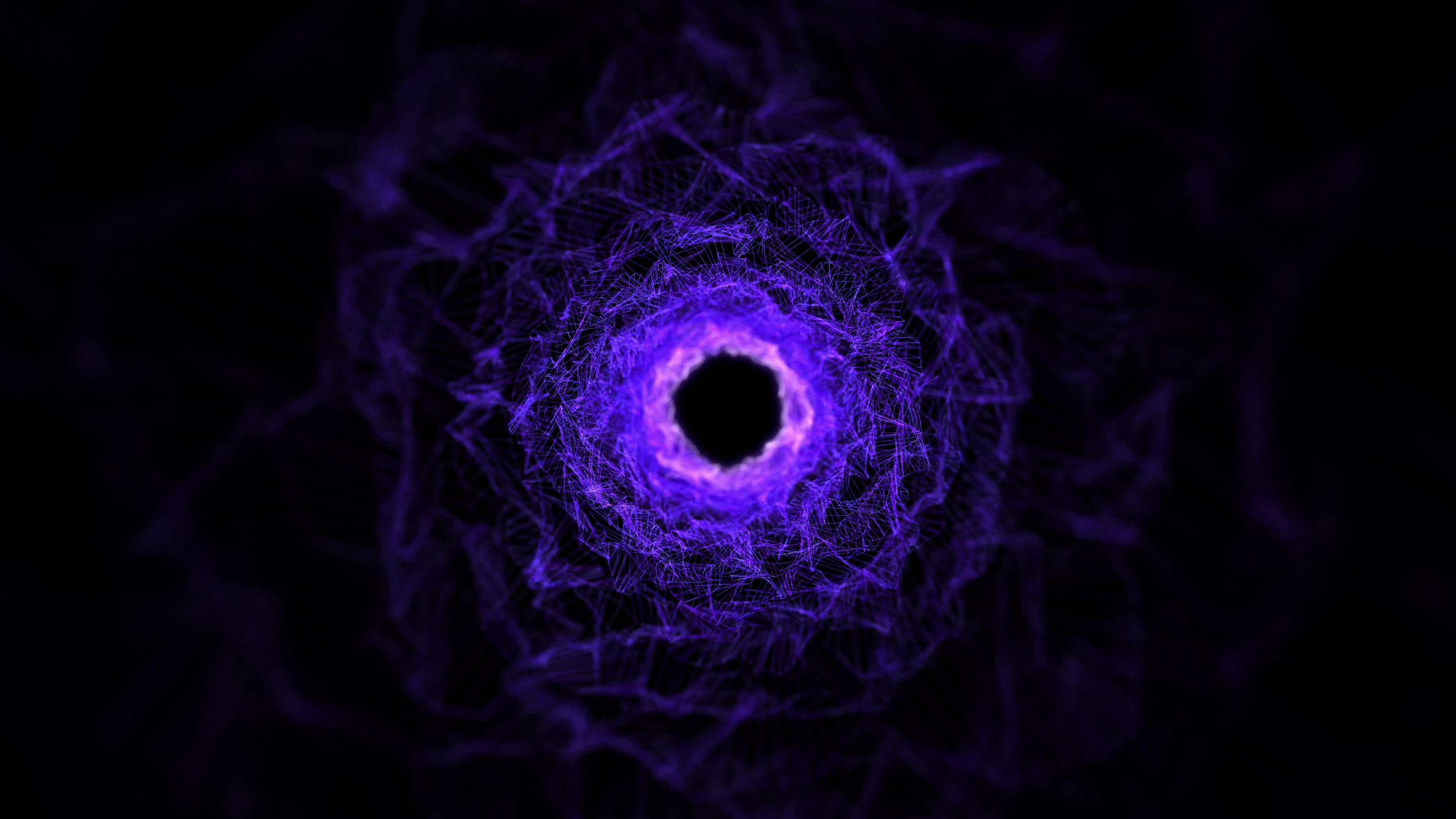 A flying digital data tunnel consists of digital nodes and connection methods. Abstract purple ...