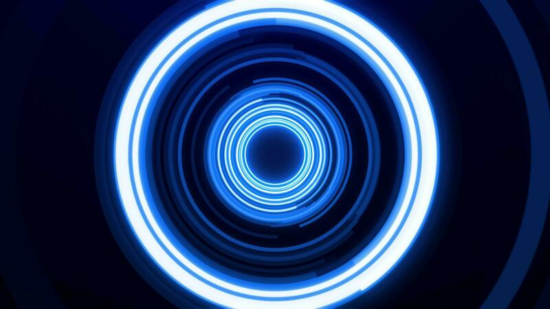 Digital abstract rotating tunnel with bright neon lamps and lights. Futuristic or technological ...