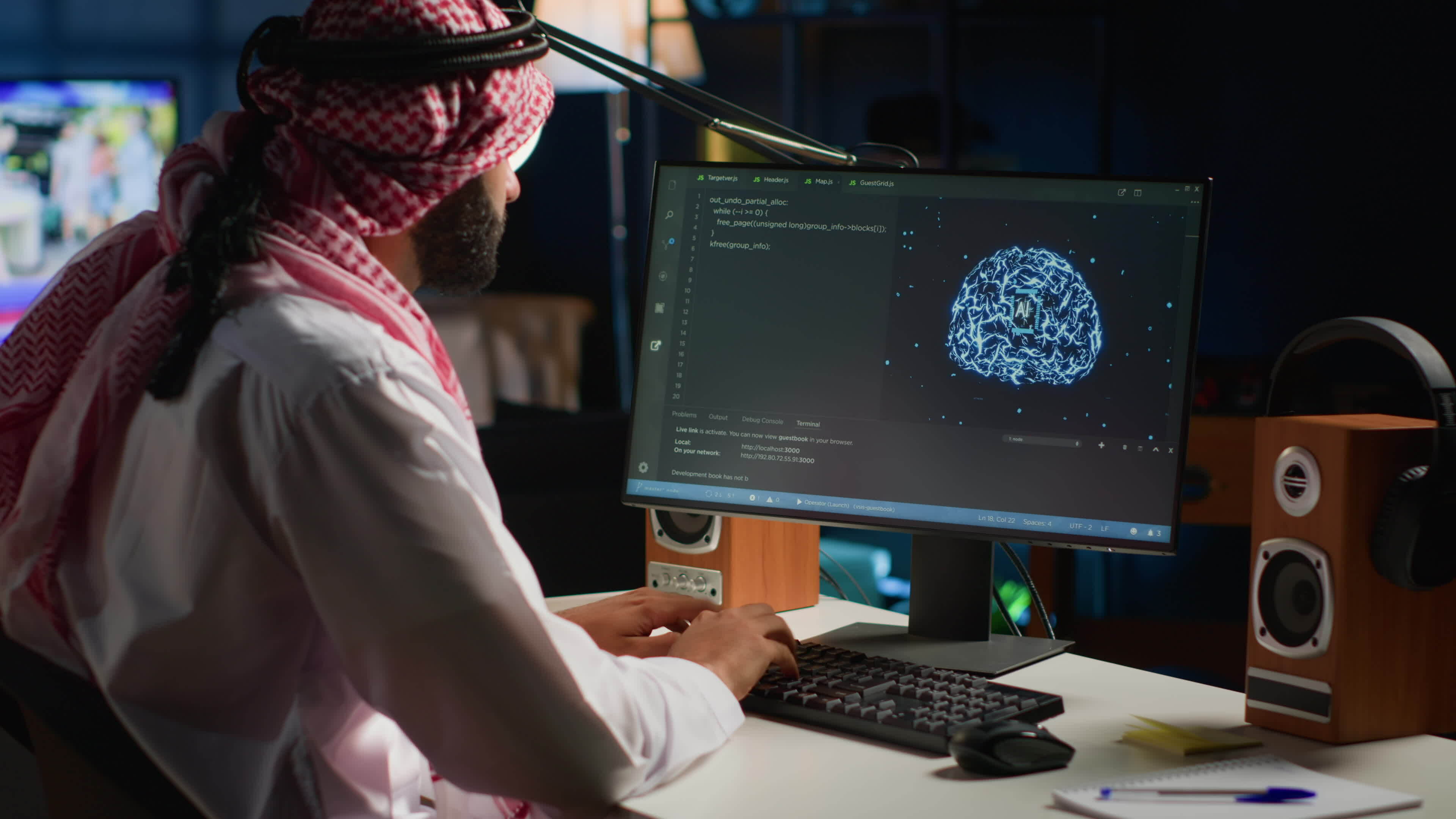 Arab Admin Using Computer To Visualize Artificial Intelligence Neural Networks Made Up Of