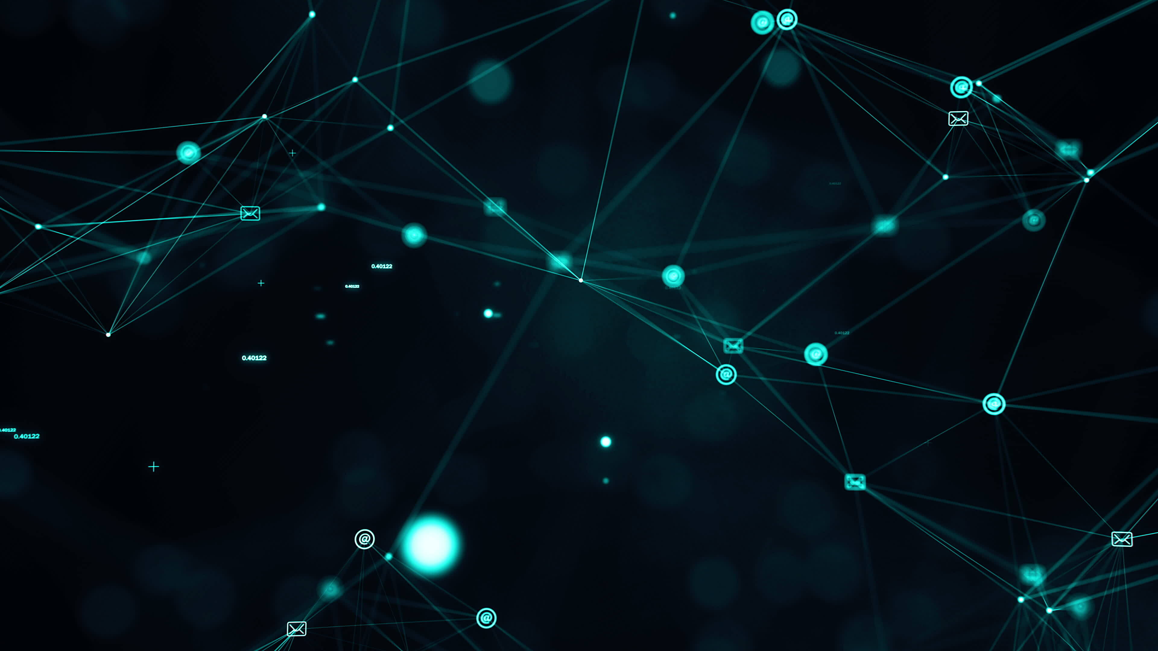 CGI animation of pulsating dots and strings floating in dark digital space with plexus effect ...