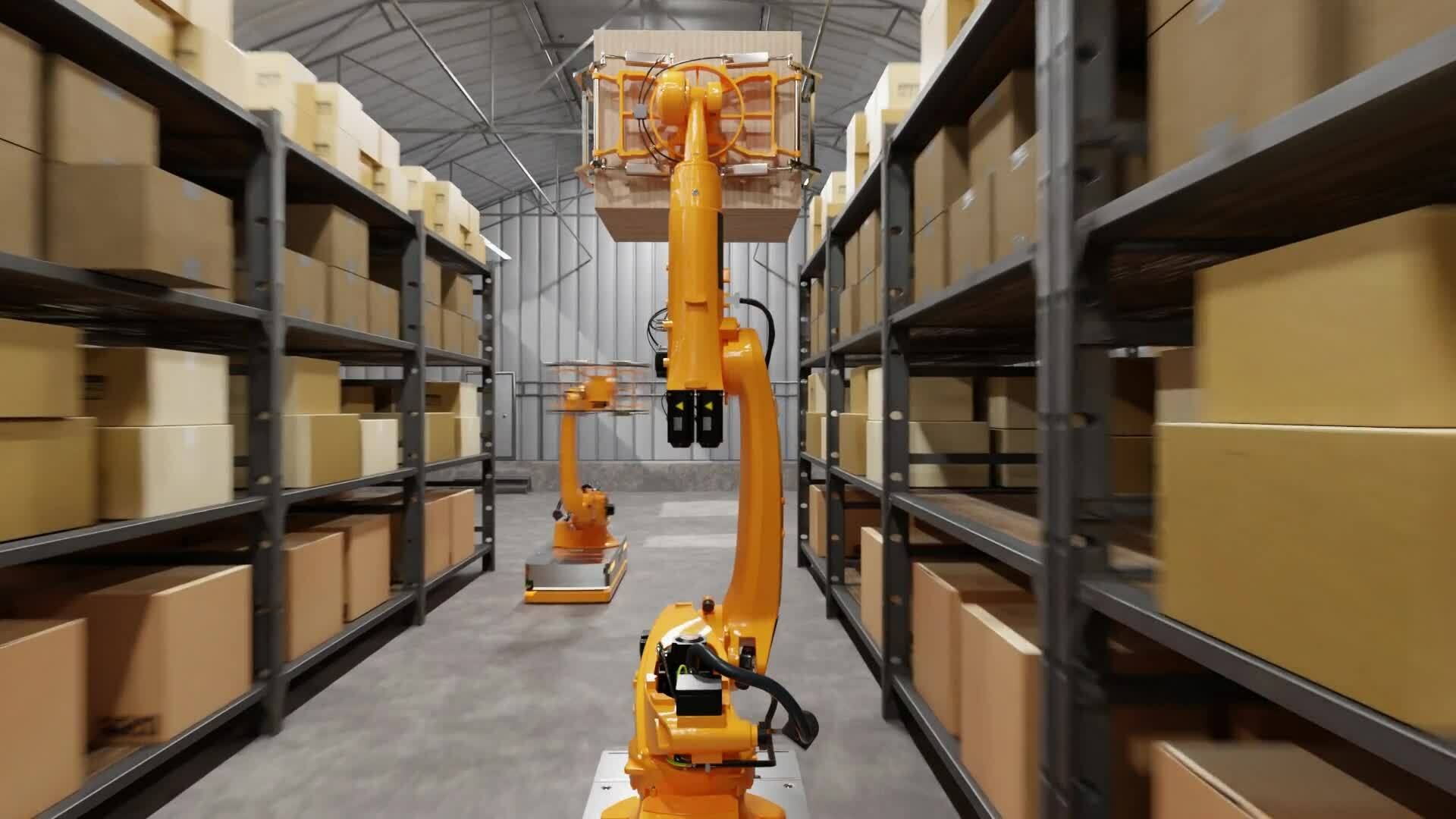 Warehouse, automatic robots, loading and unloading of boxes and goods ... Warehouse, automatic robots, loading and unloading of boxes and goods ...
