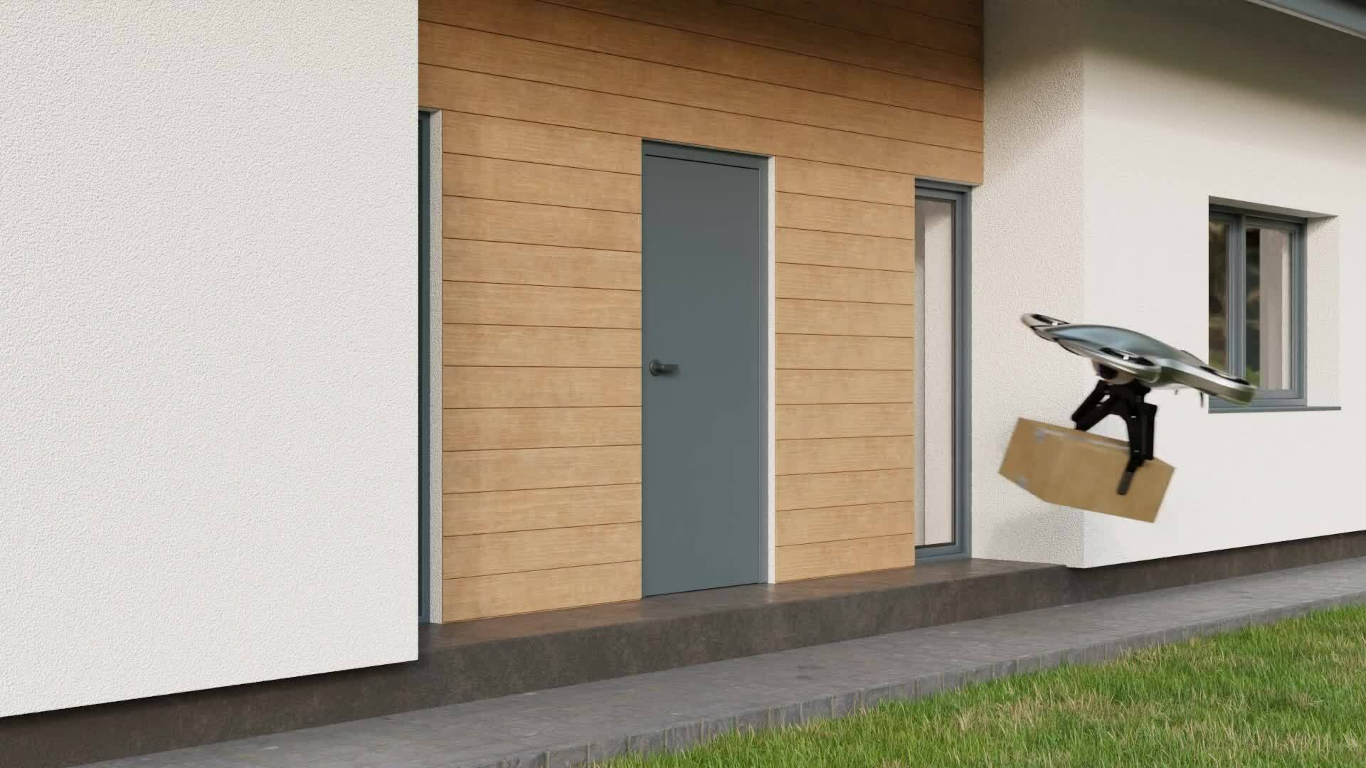 Drone delivery of food and goods to house, quadcopter flies with box ... Drone delivery of food and goods to house, quadcopter flies with box ...