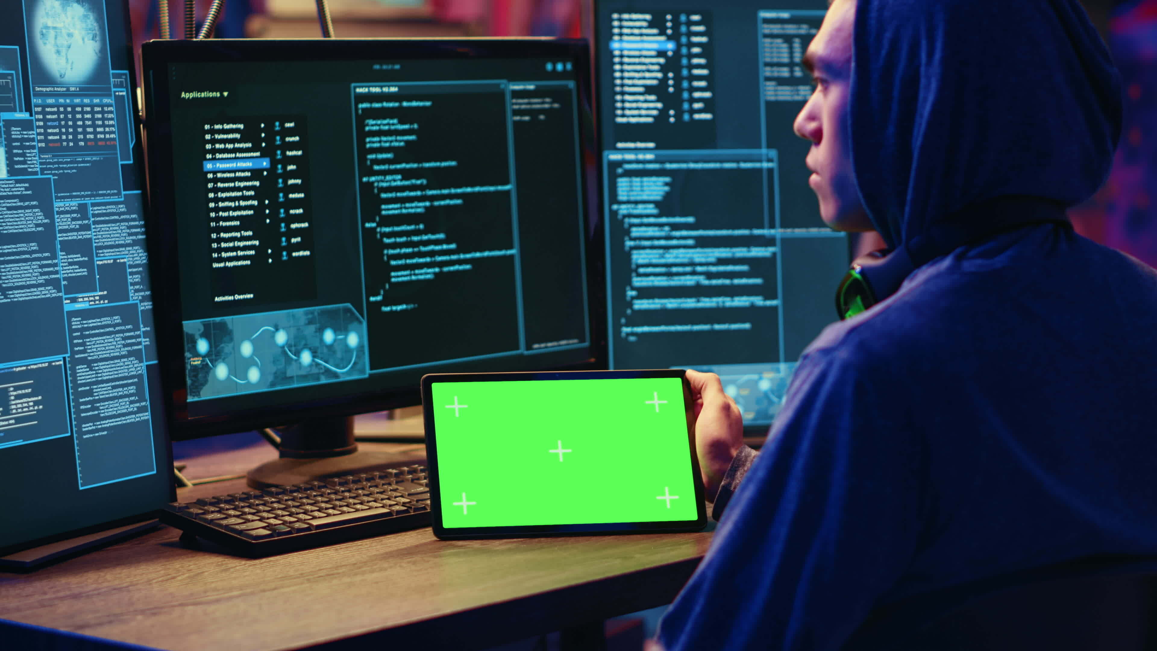 Hackers Doing Computer Sabotage Using Encryption Trojan Ransomware On Green Screen Tablet