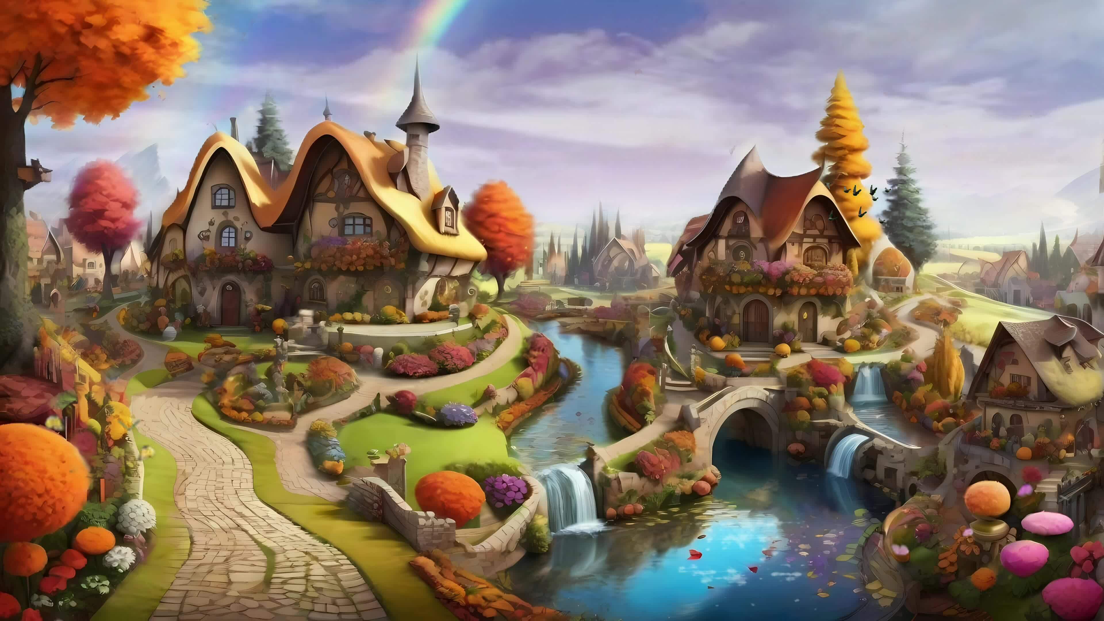 AI generated the village is surrounded by trees and a rainbow 34944224 Stock Video at Vecteezy