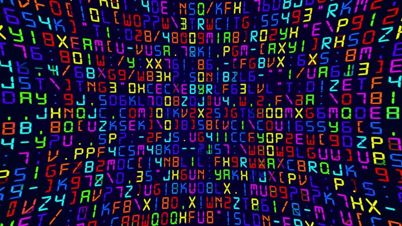 Colorful digital code matrix motion background - flashing multicolored letters, numbers and ...