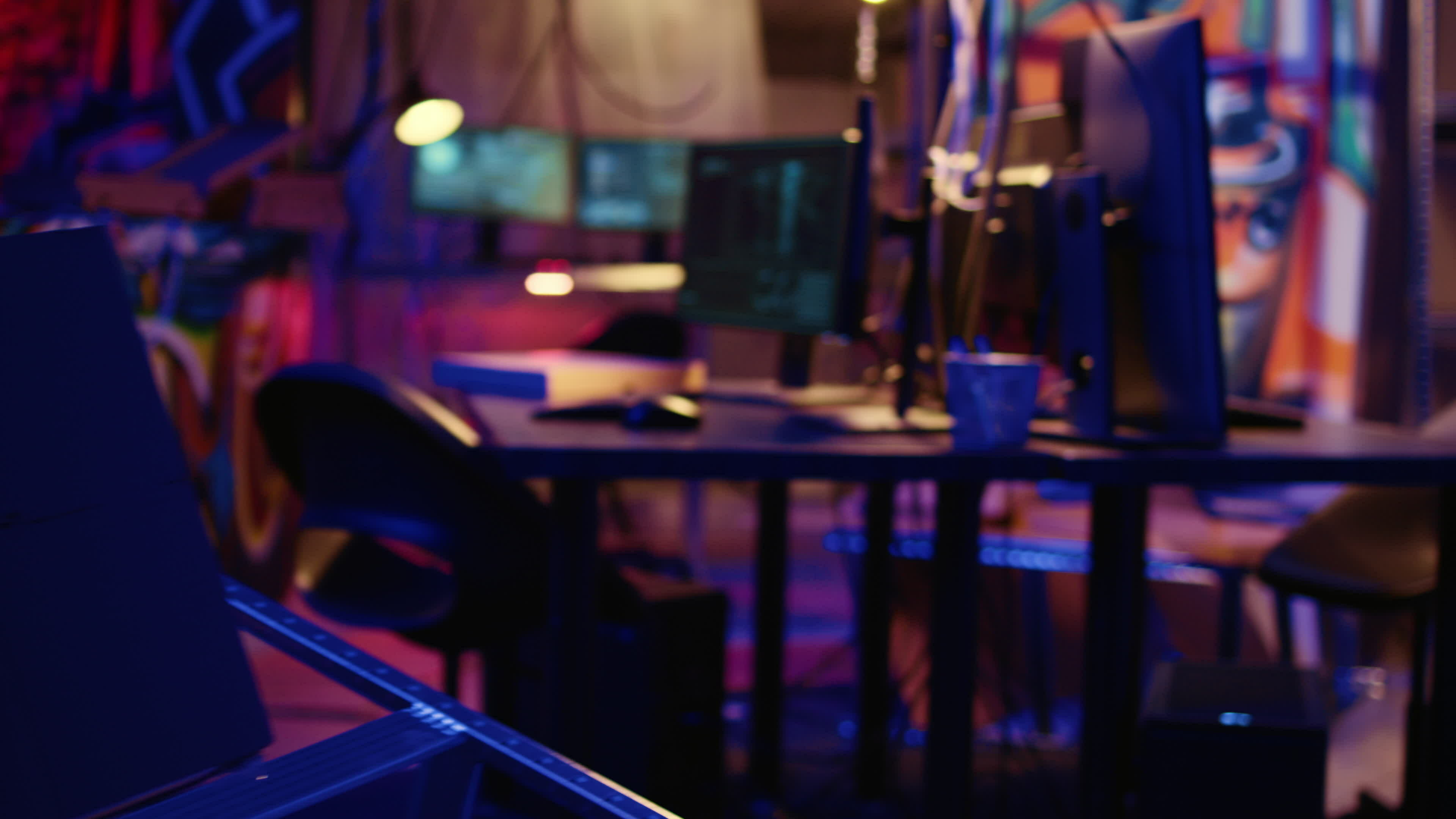 Close up shot of software interface on computer screens showing ...