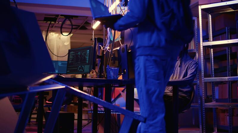 Hacker Arriving In Underground Base Ready To Do Computer Sabotage Using Encryption Trojan