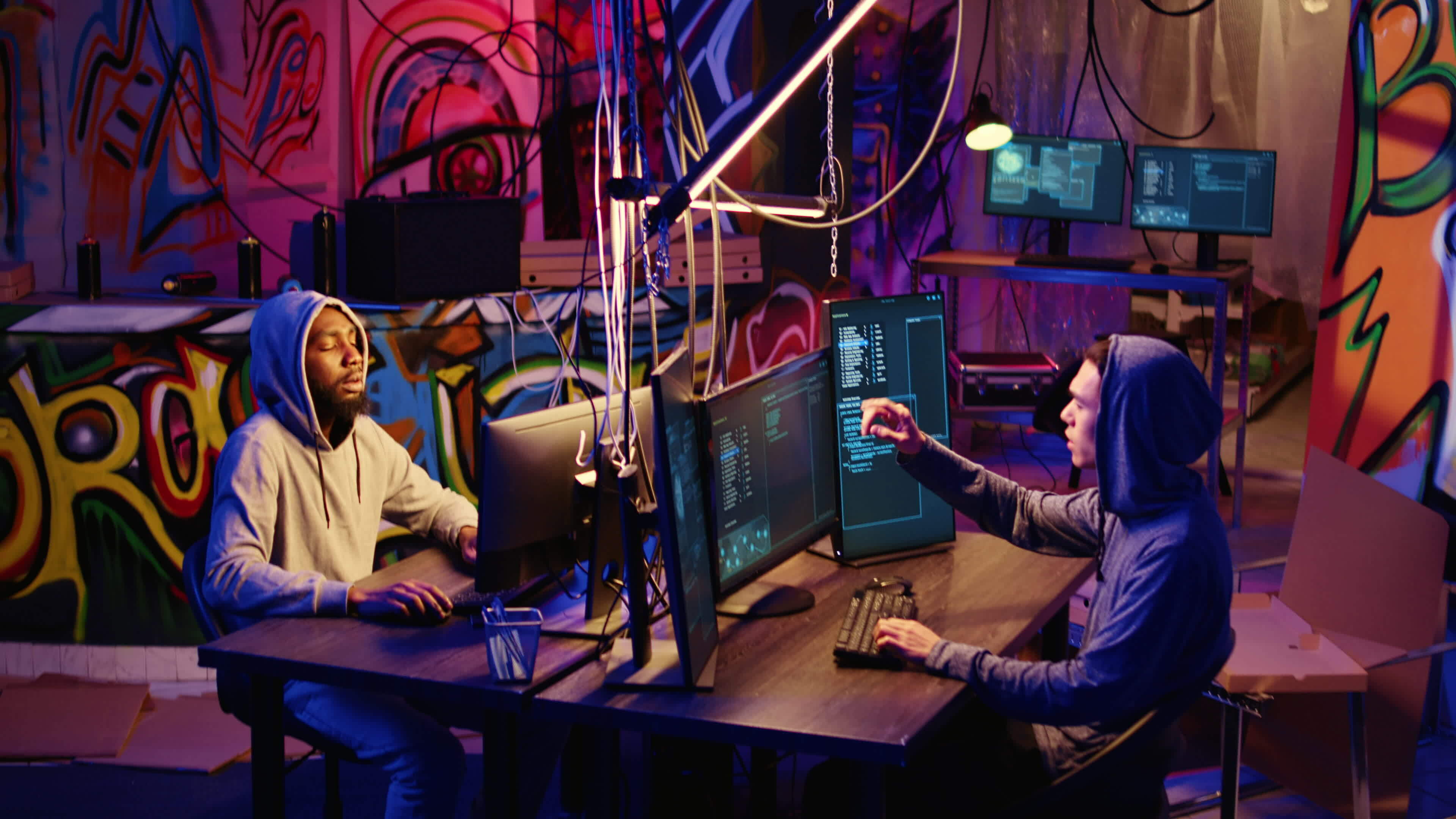 ervaren hackers schrijven lijnen van code in computers van hun ...