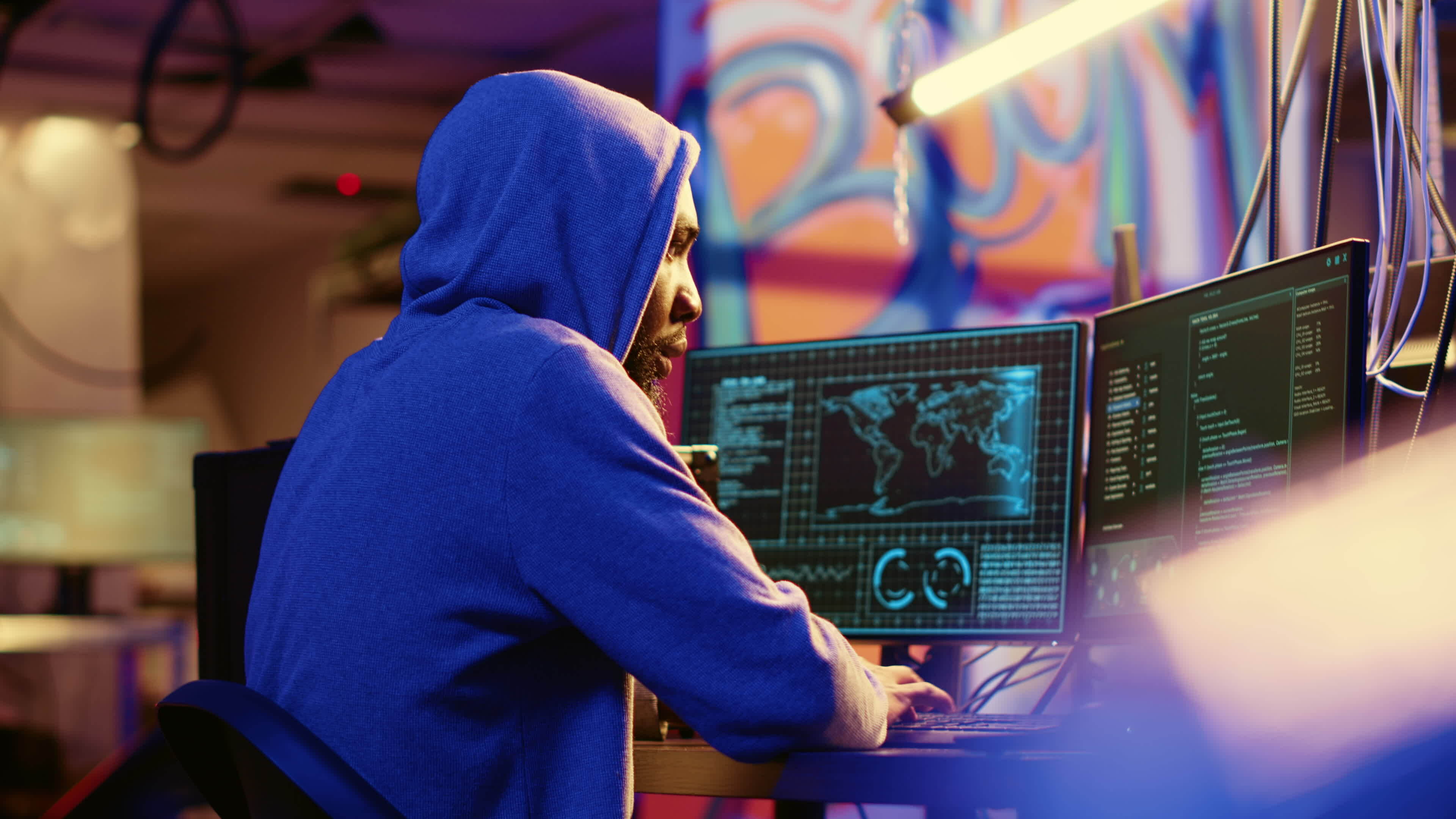 African American Hooded Hacker Hiding In Underground Base Anxiously Looking Around For Threats