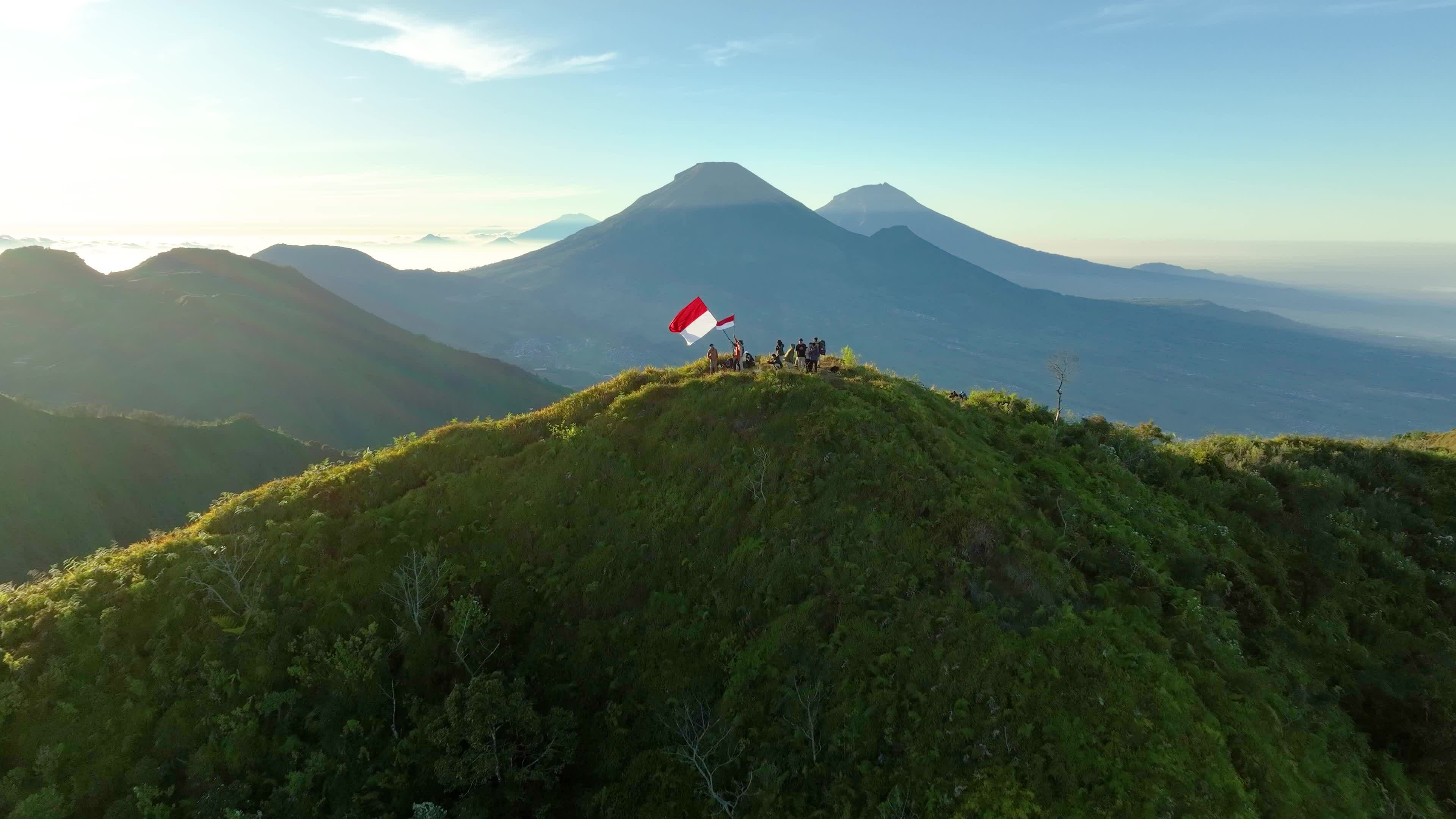 Aerial View of Indonesian Flag Raising on Independence Day Over Mount ...