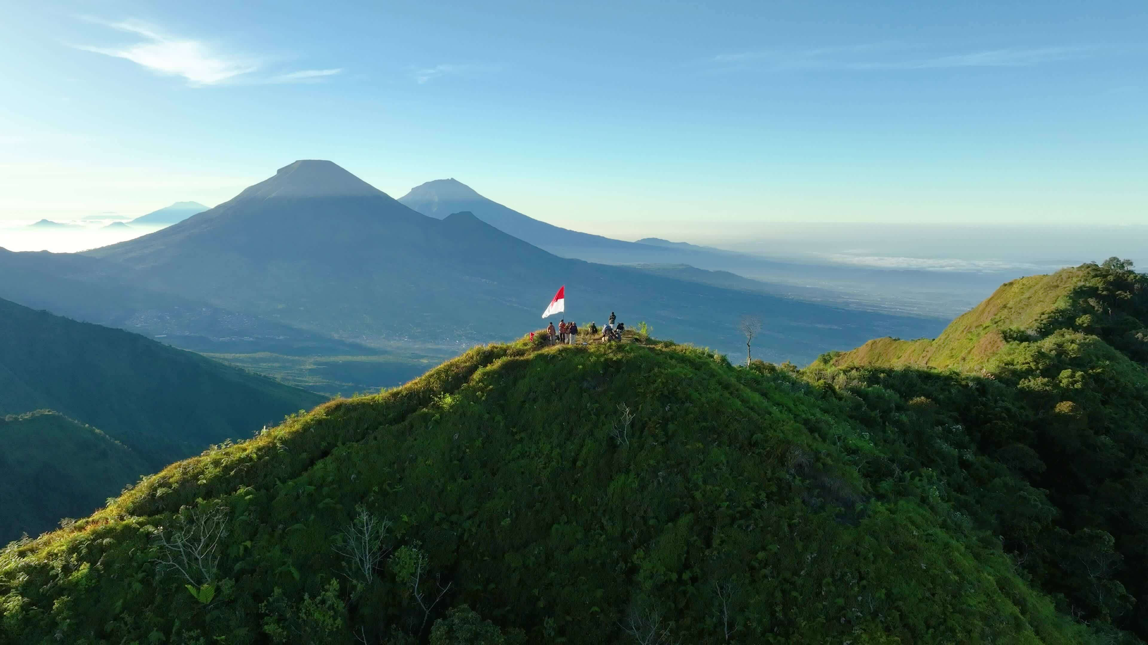 Aerial View of Indonesian Flag Raising on Independence Day Over Mount ...