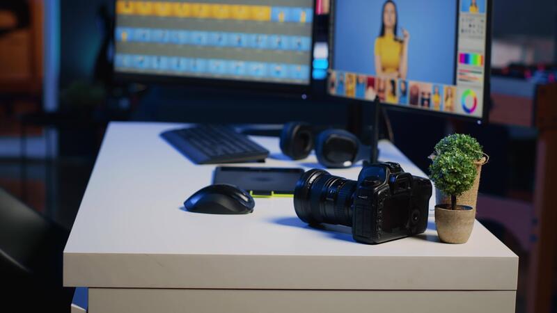 Photo editing software interface on desktop computer in empty photography studio. Photography ...