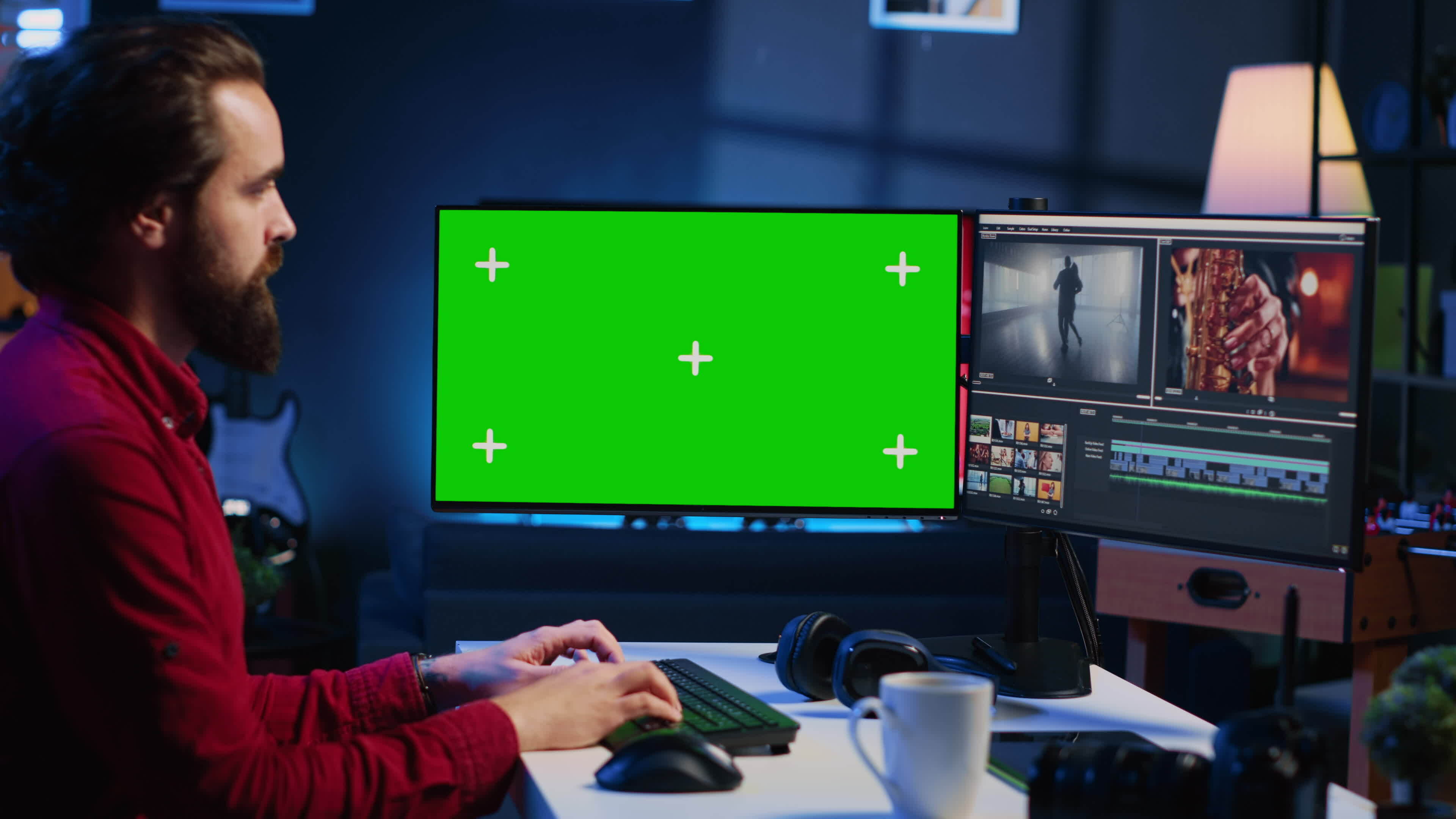 Videographer Uses Editing Software On Green Screen Computer To Assemble Footage Into Cohesive