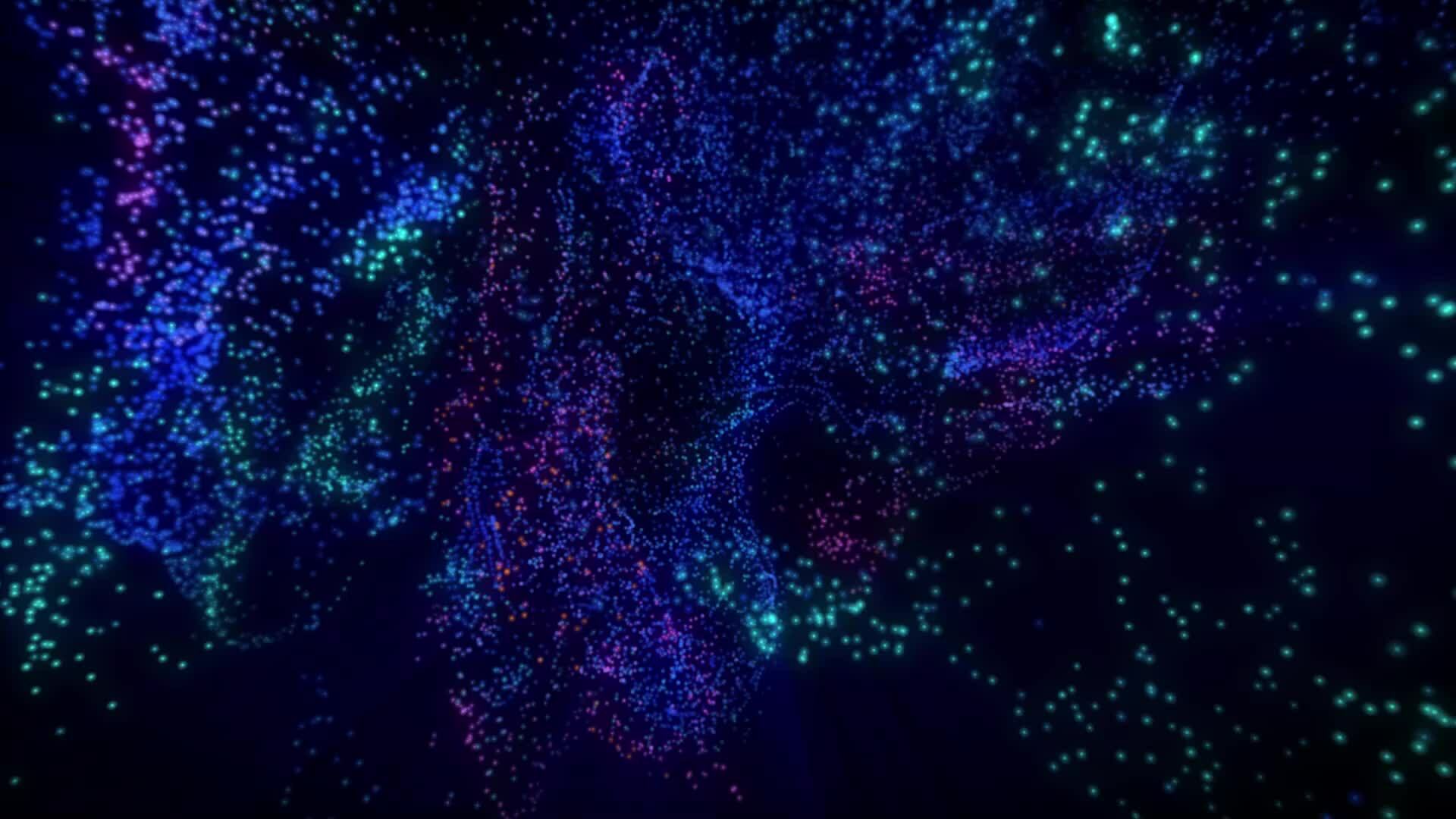 Blue and purple particles in liquid with bokeh effect. Animated background. The energy is ...