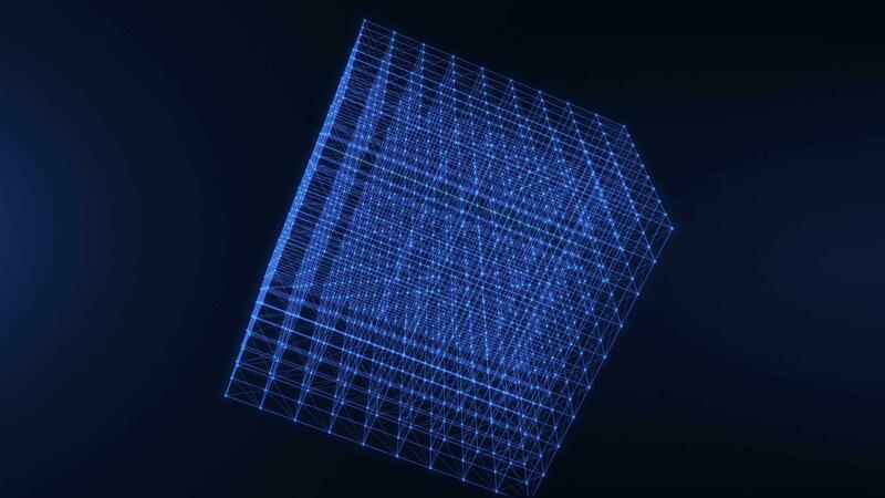 Digital futuristic blue background with a rotating cube made of lines and plexus dots ...