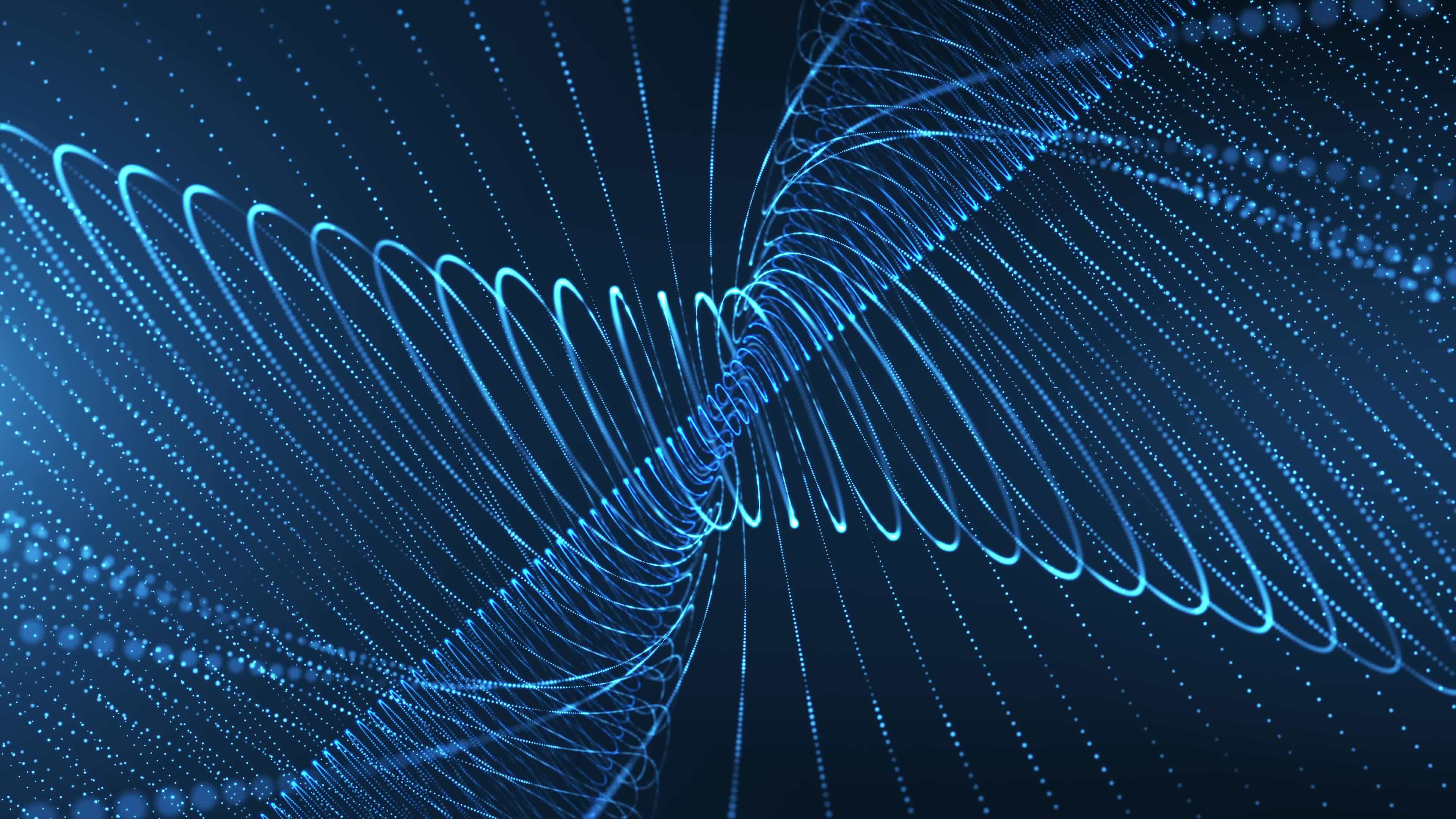 Abstract light stripes from lines and dots of particles of glowing swirling futuristic hi-tech ...