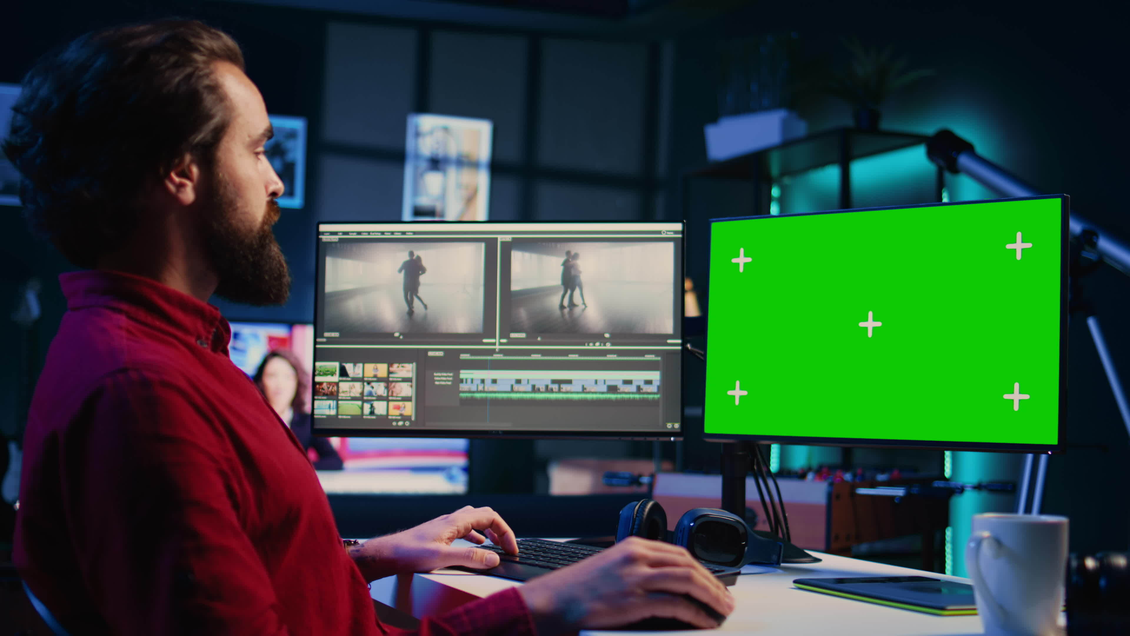 Videographer Uses Editing Software On Chroma Key Computer To Assemble Footage Into Cohesive