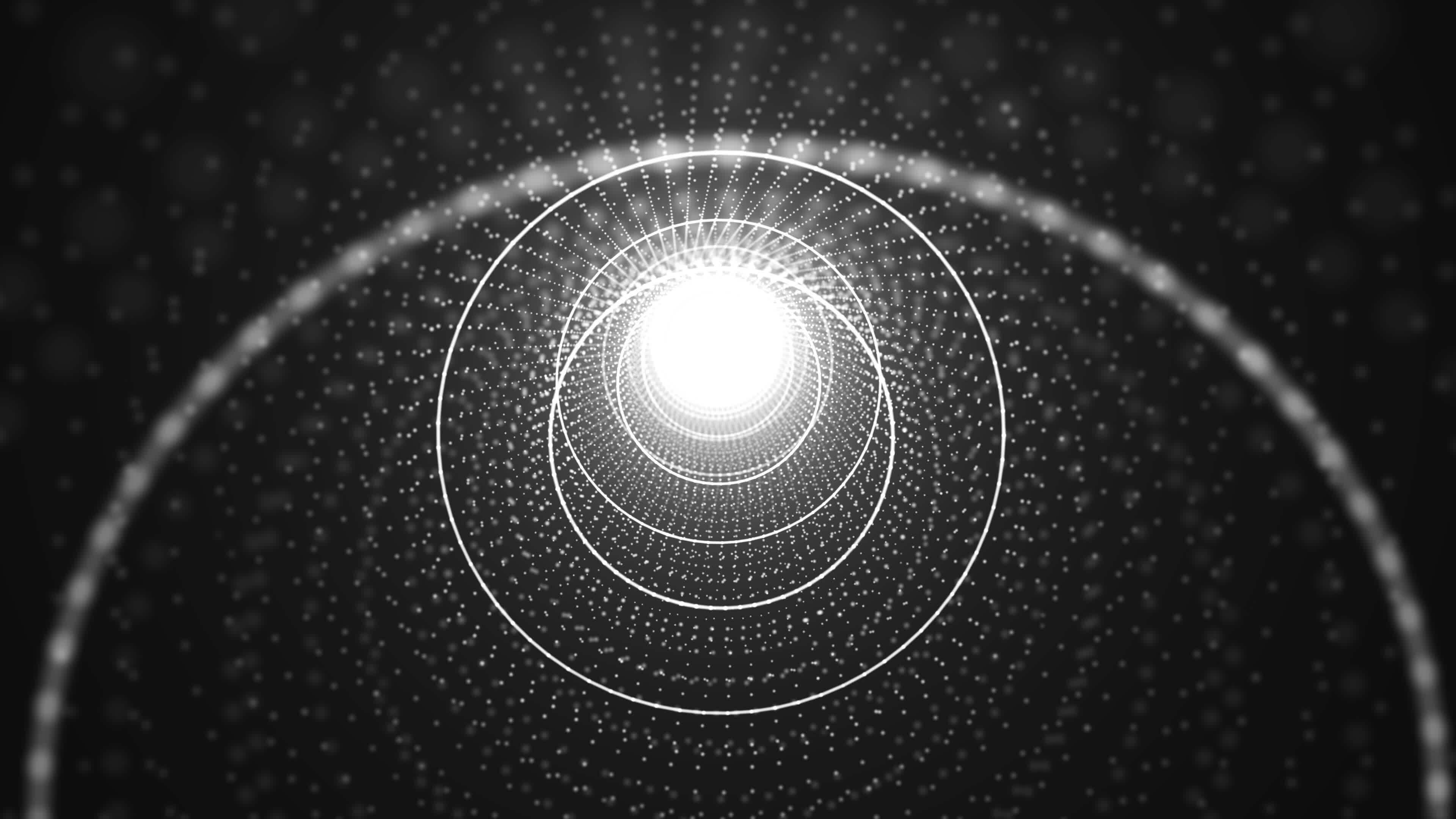 Abstract Black and White Fractal tunnel made of shiny glowing particles and lines Rotating ...