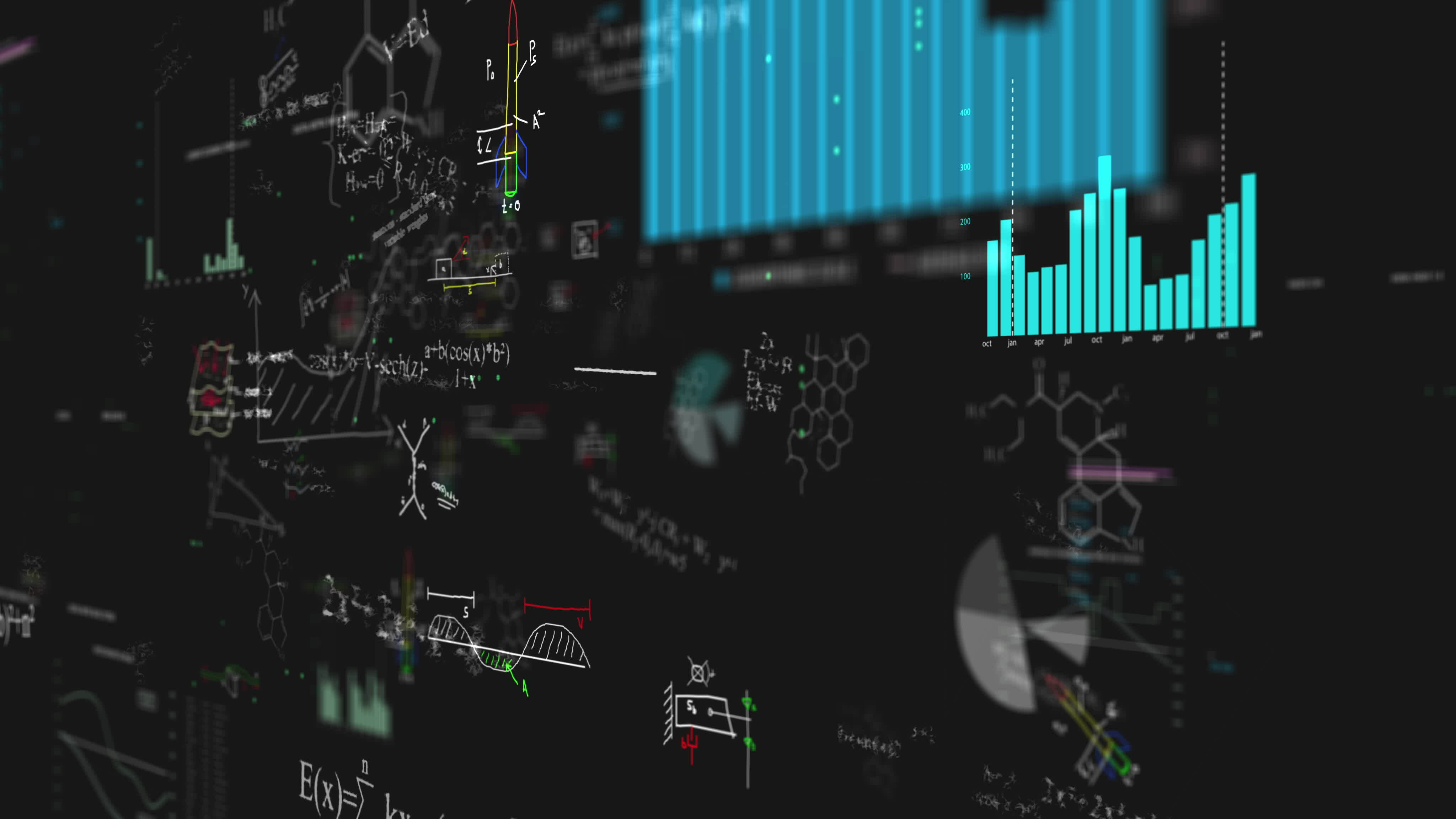 Blackboard inscribed scientific formulas and calculations floating in ...