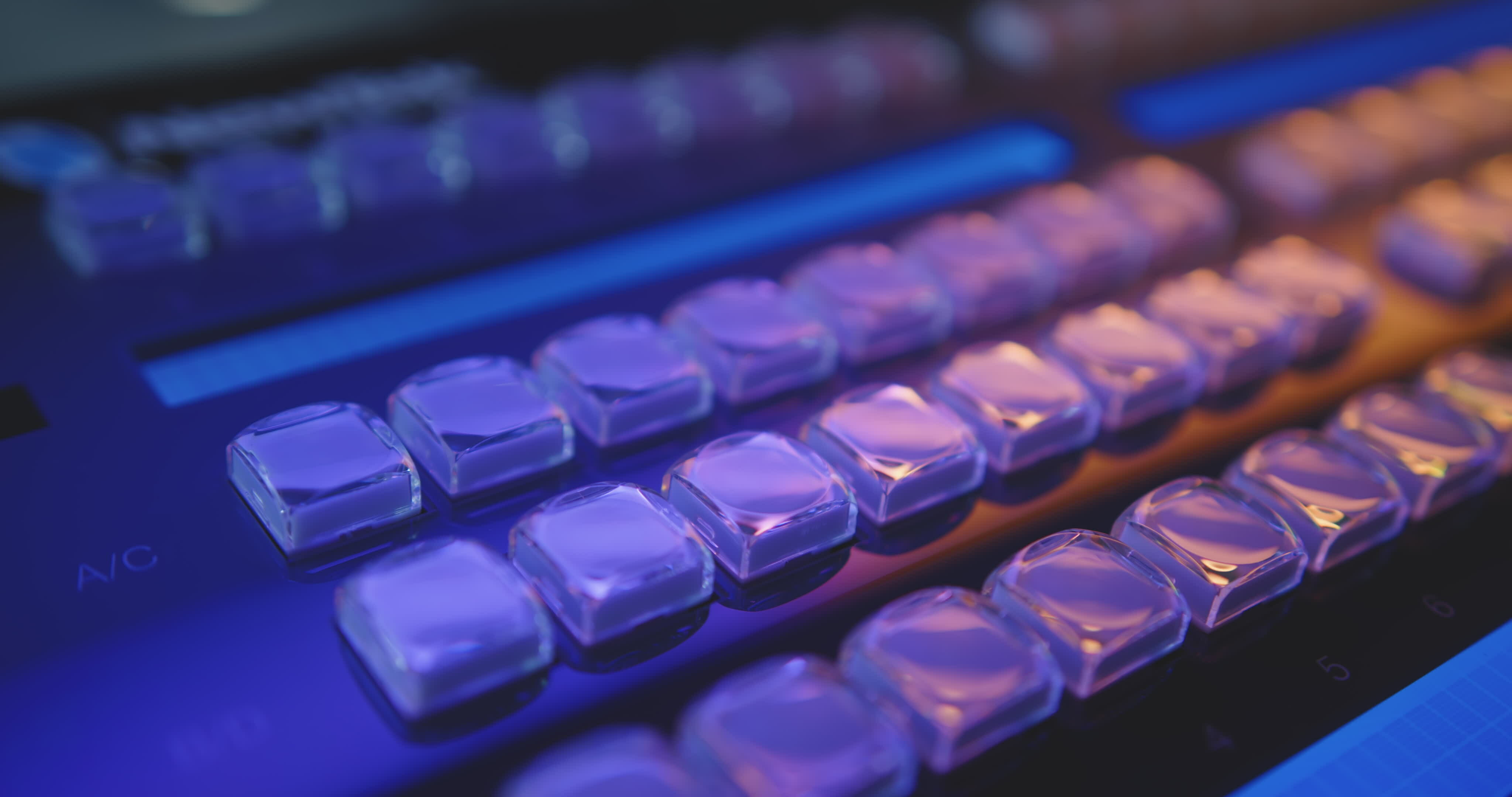 Focus shift change via transparent buttons of control studio in blue light of broadcast audio ...