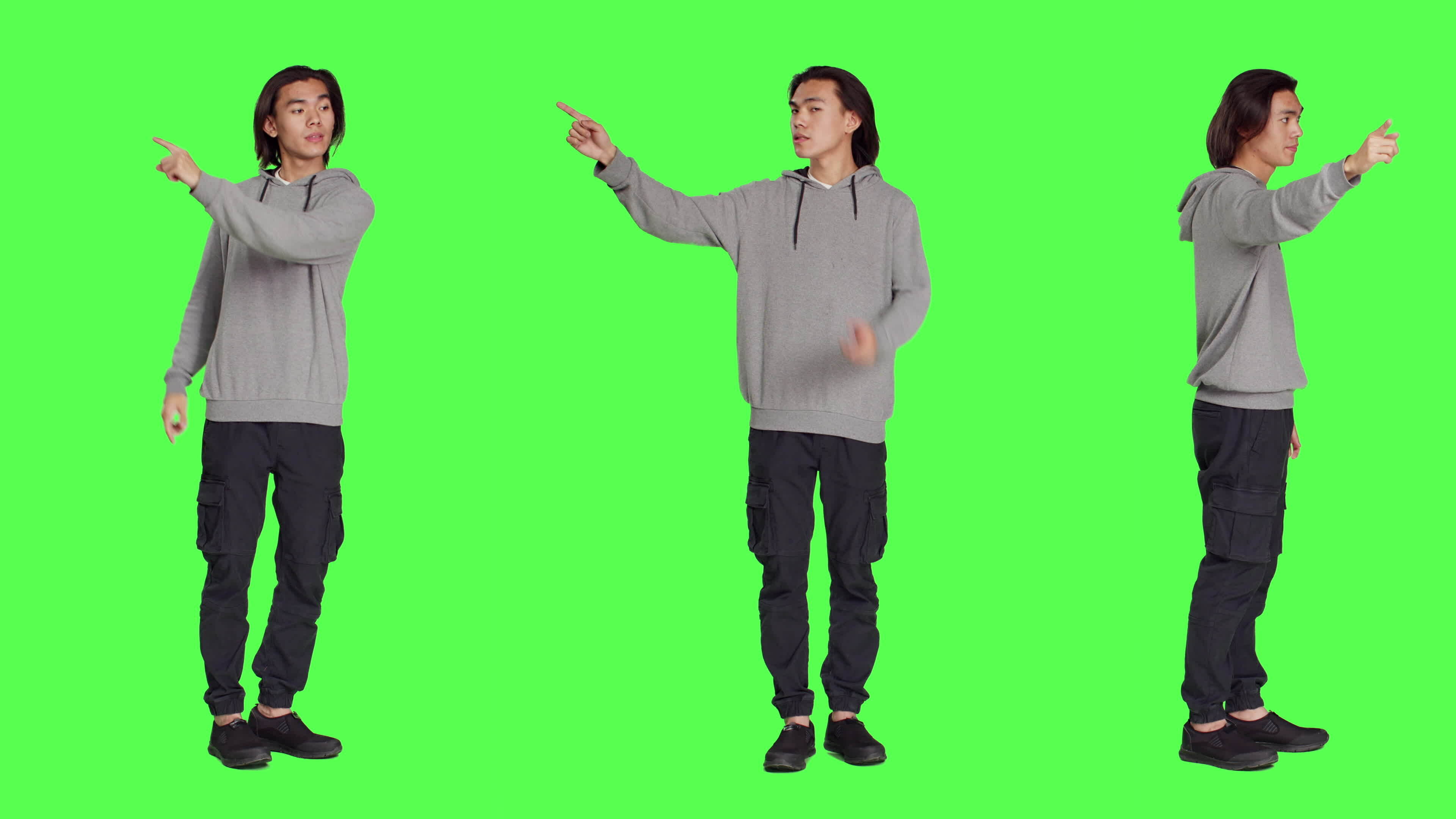 Model showing left or right directions in studio, pointing to both ... Model showing left or right directions in studio, pointing to both ...