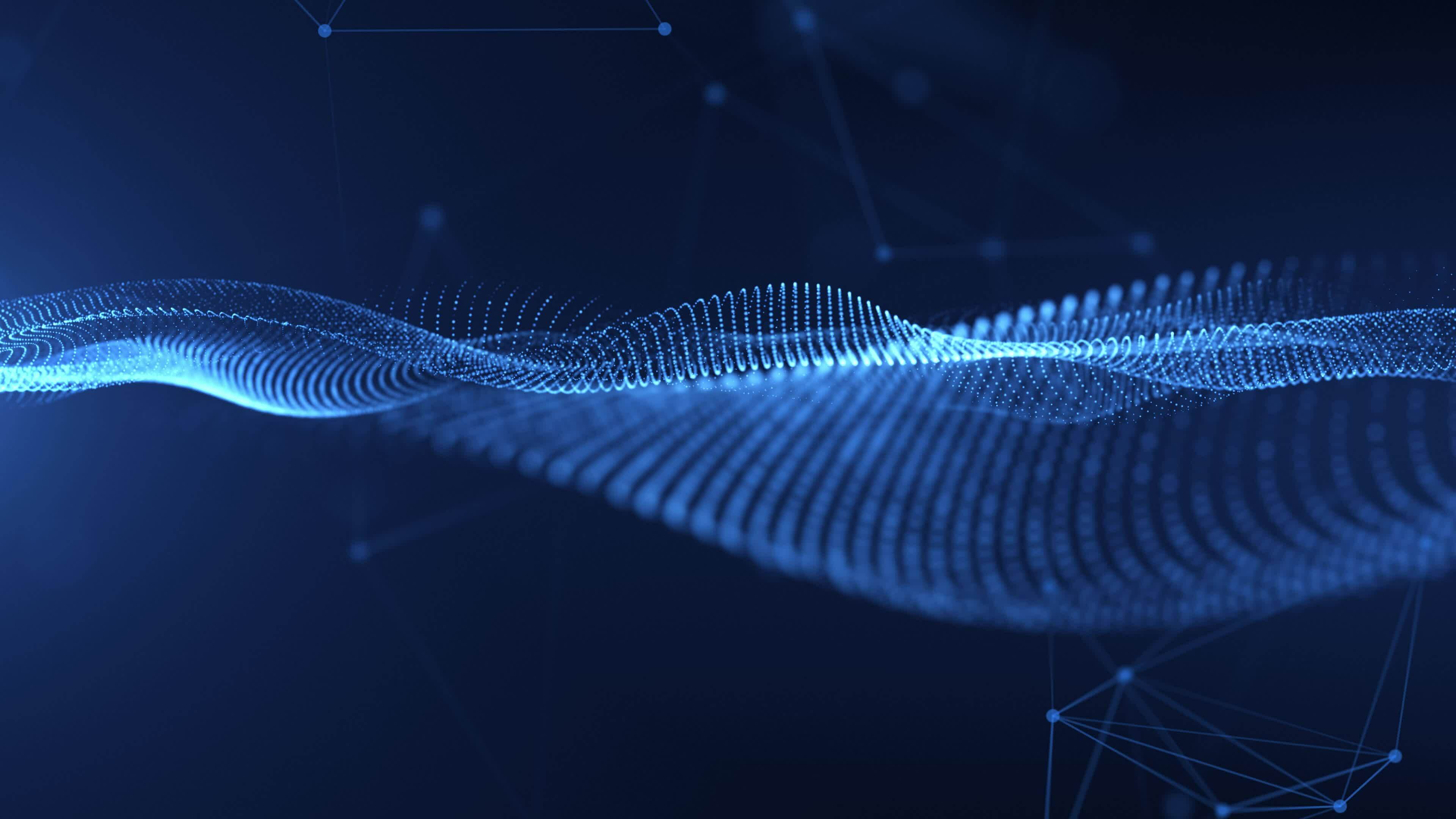 Abstract Glowing Wave Of Particles And Dots Moving On Blue Background Big Data Visualization