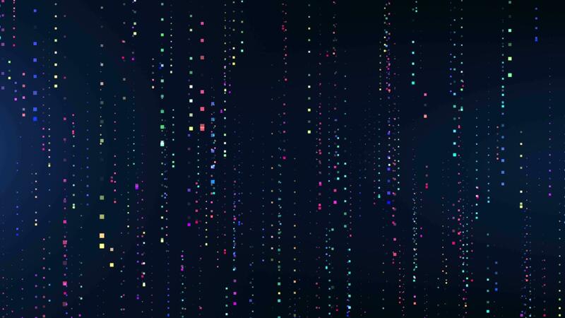 Abstract color animation of falling geometric shapes, squares. Particle flow or particle rain ...