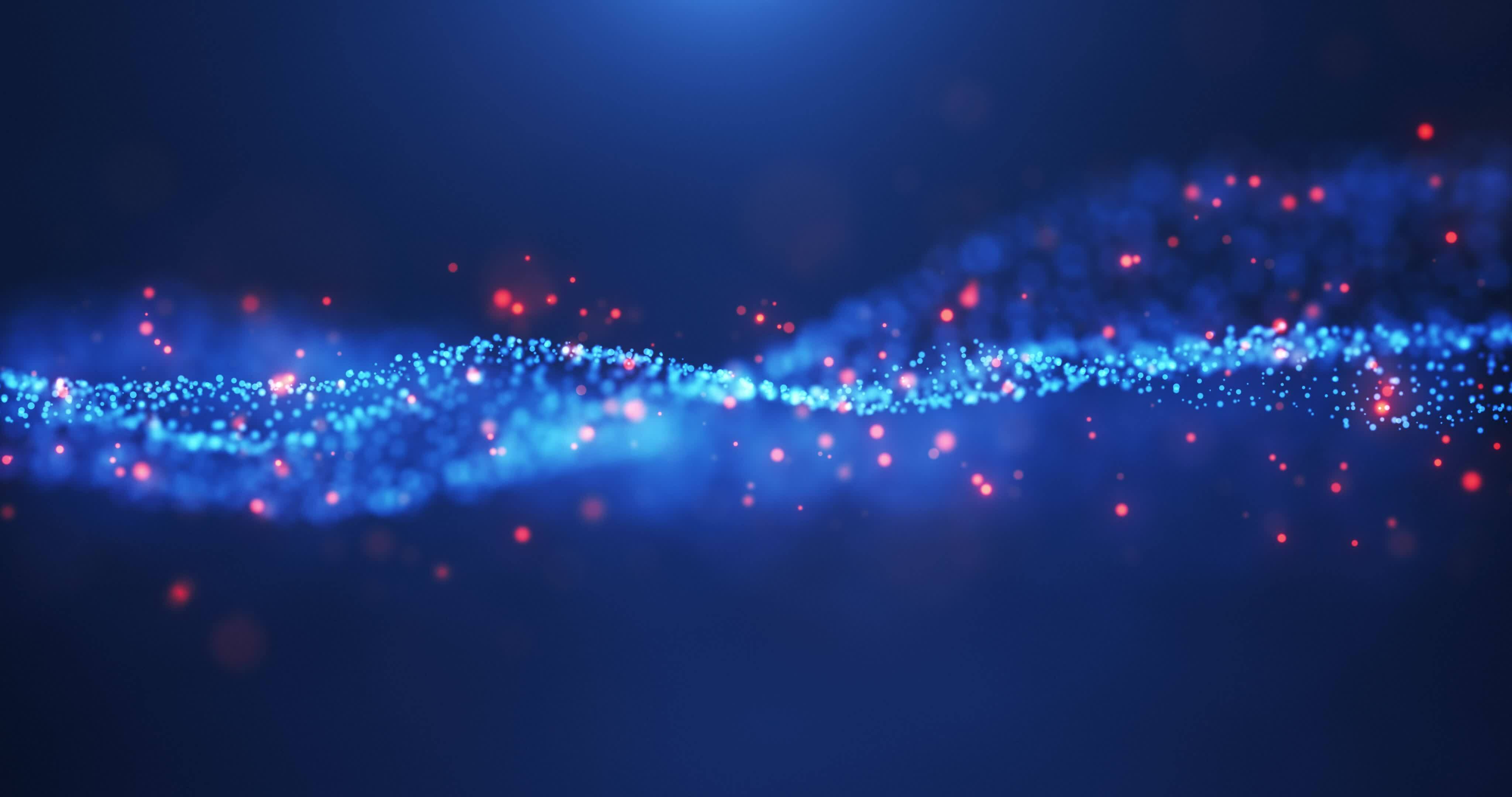 Abstract digital dynamic particle waves with light motion lights background, data flow, cyber ...