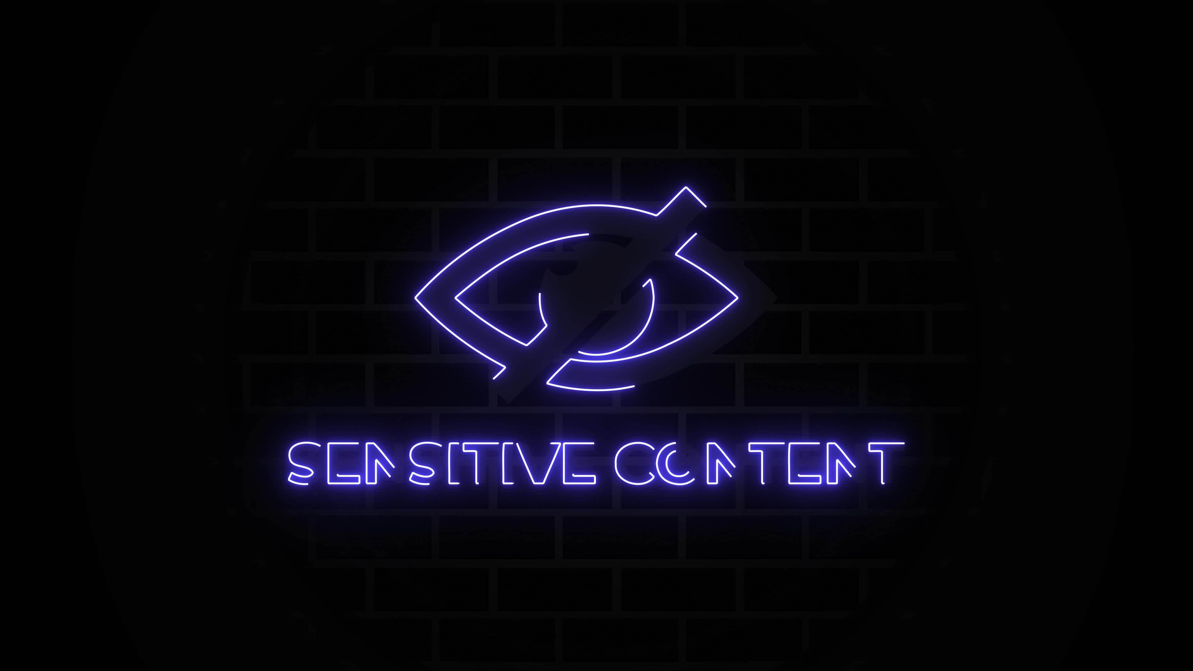 Sensitive Content Censor Eye Icon Neon Sign On Brick Wall Background