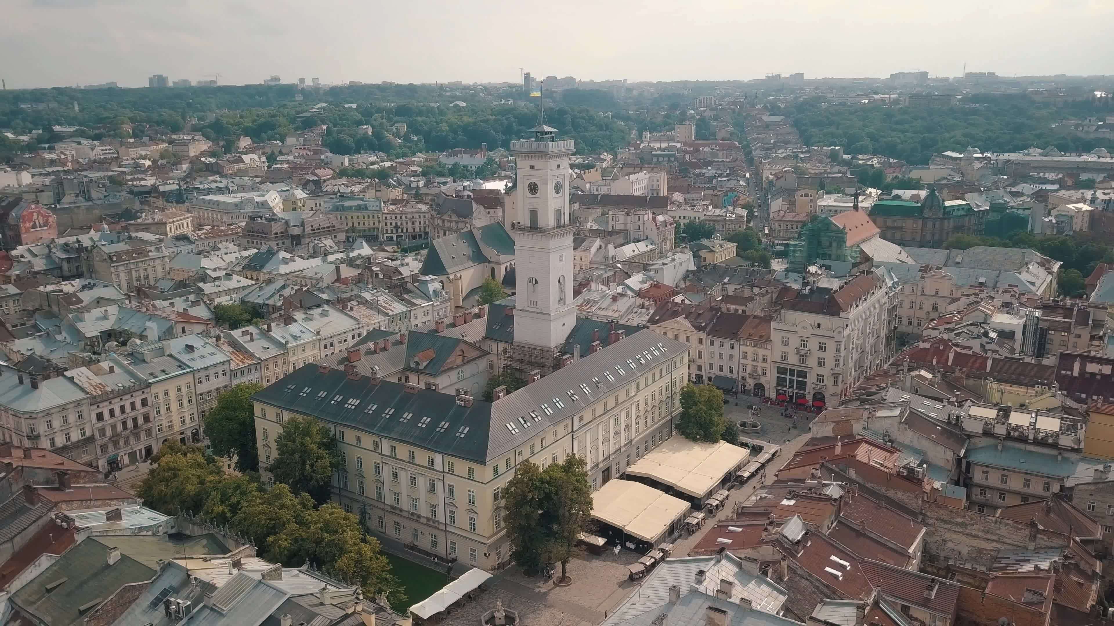 Aerial drone footage of european city Lviv, Ukraine. Flight above popular ancient part of old ...