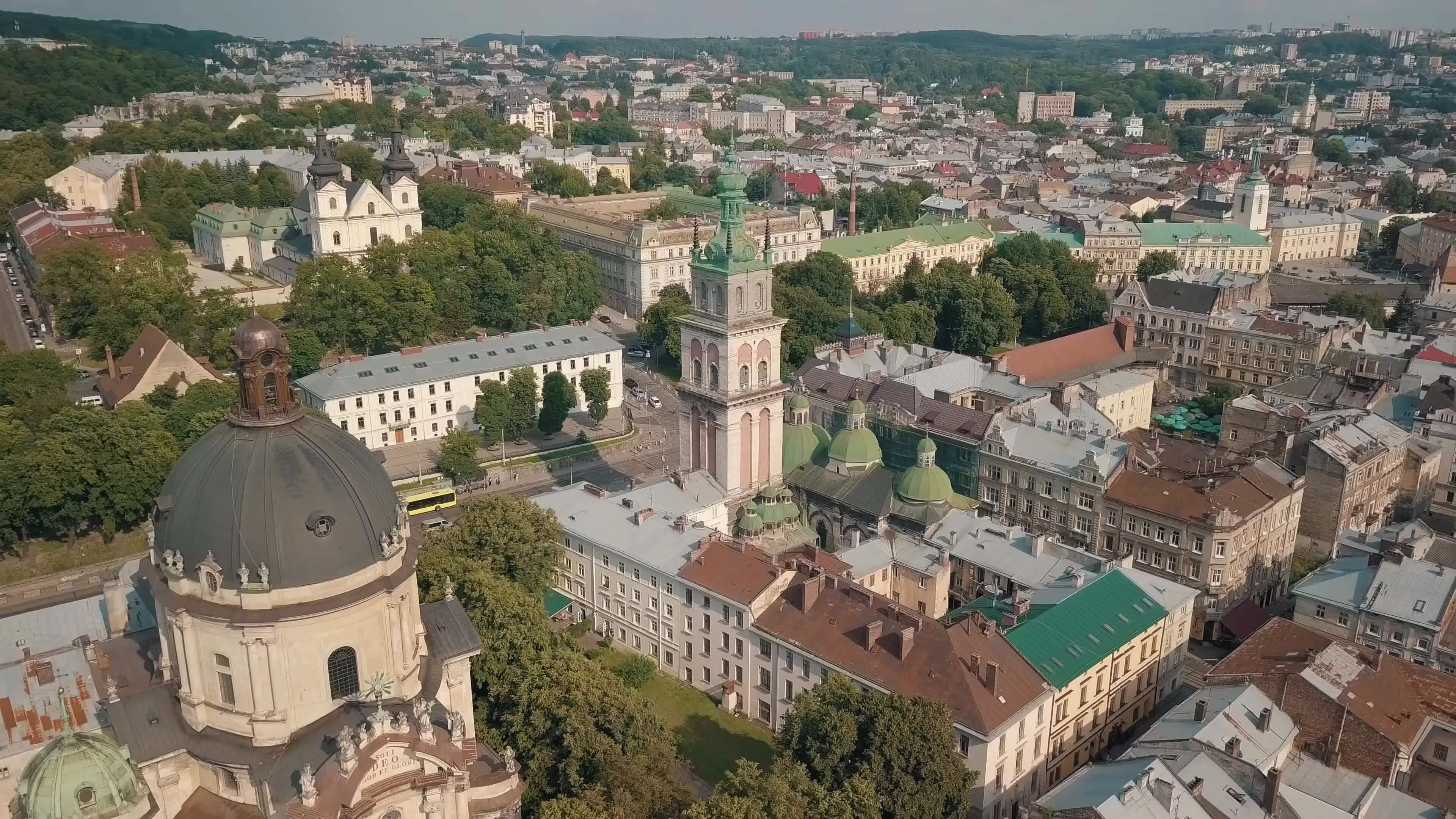 Aerial drone video of city Lviv, Ukraine. Ancient Ukraine Dominican Church. Panorama of old town ...