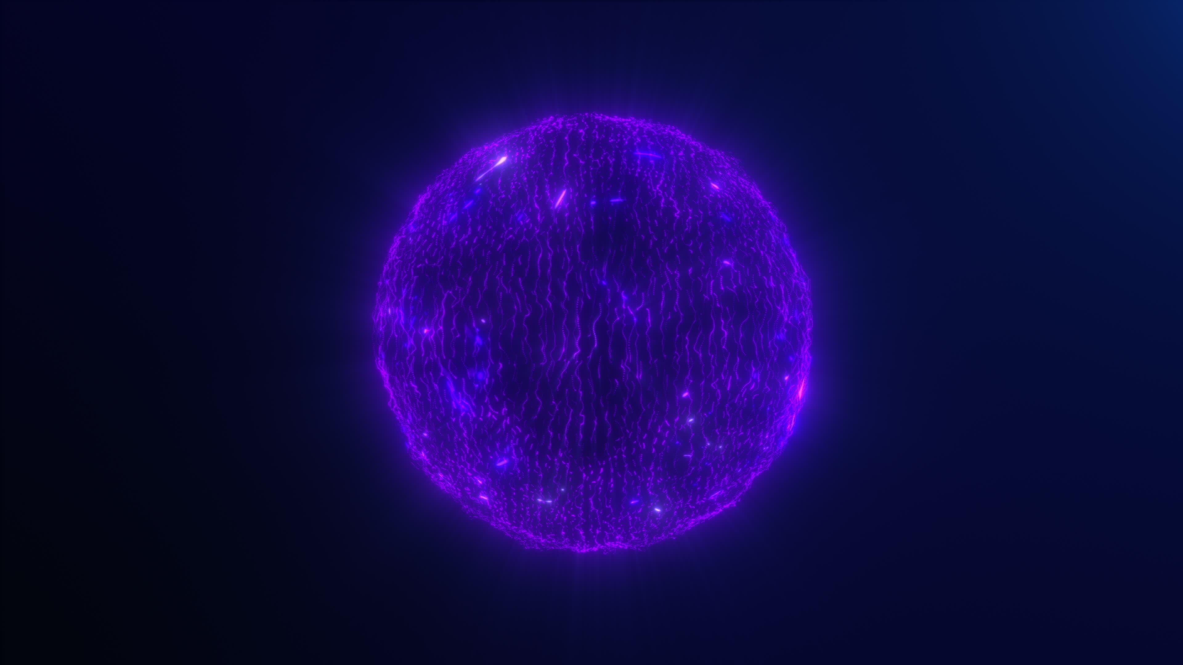 Bright glowing rotating particle purple pink sphere on dark background. Abstract technology ...