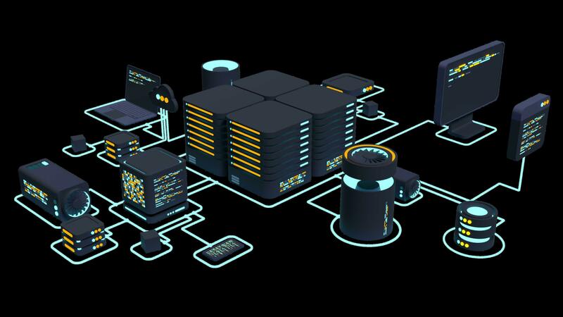 Computer technology 3D animation. Computation of big data center. Cloud ...