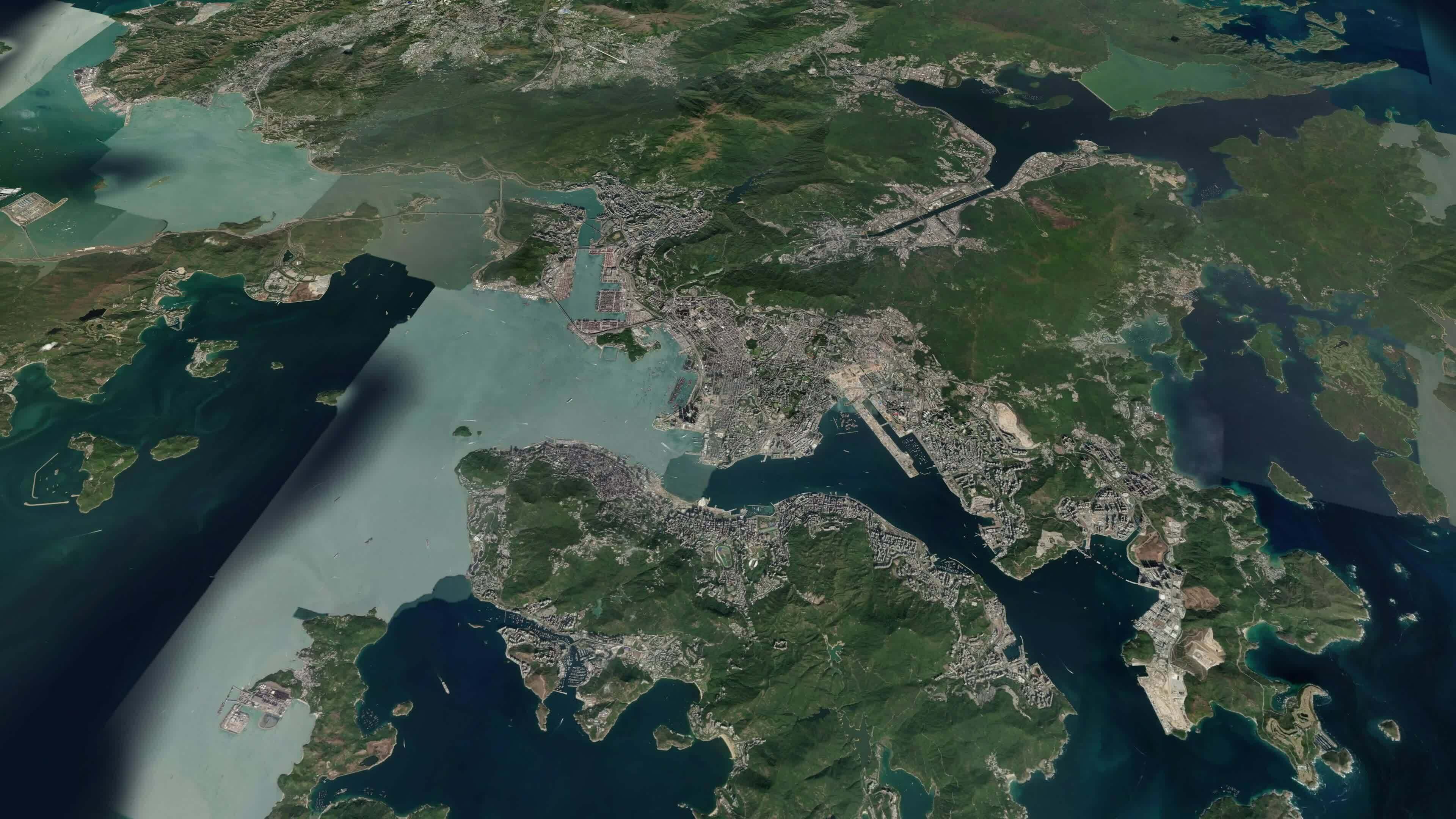 Satellite Hong Kong map background loop. Spinning around China city air ...