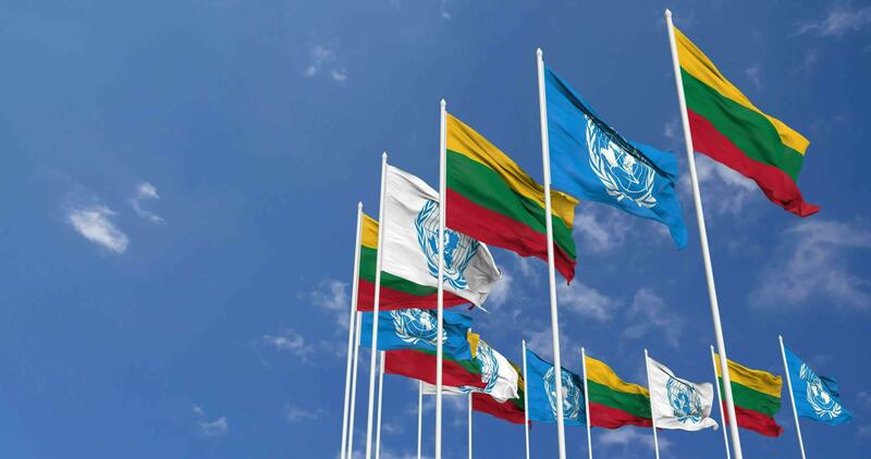 Lithuania and United Nations, UN Flags Waving Together in the Sky, Seamless Loop in Wind, Space ...