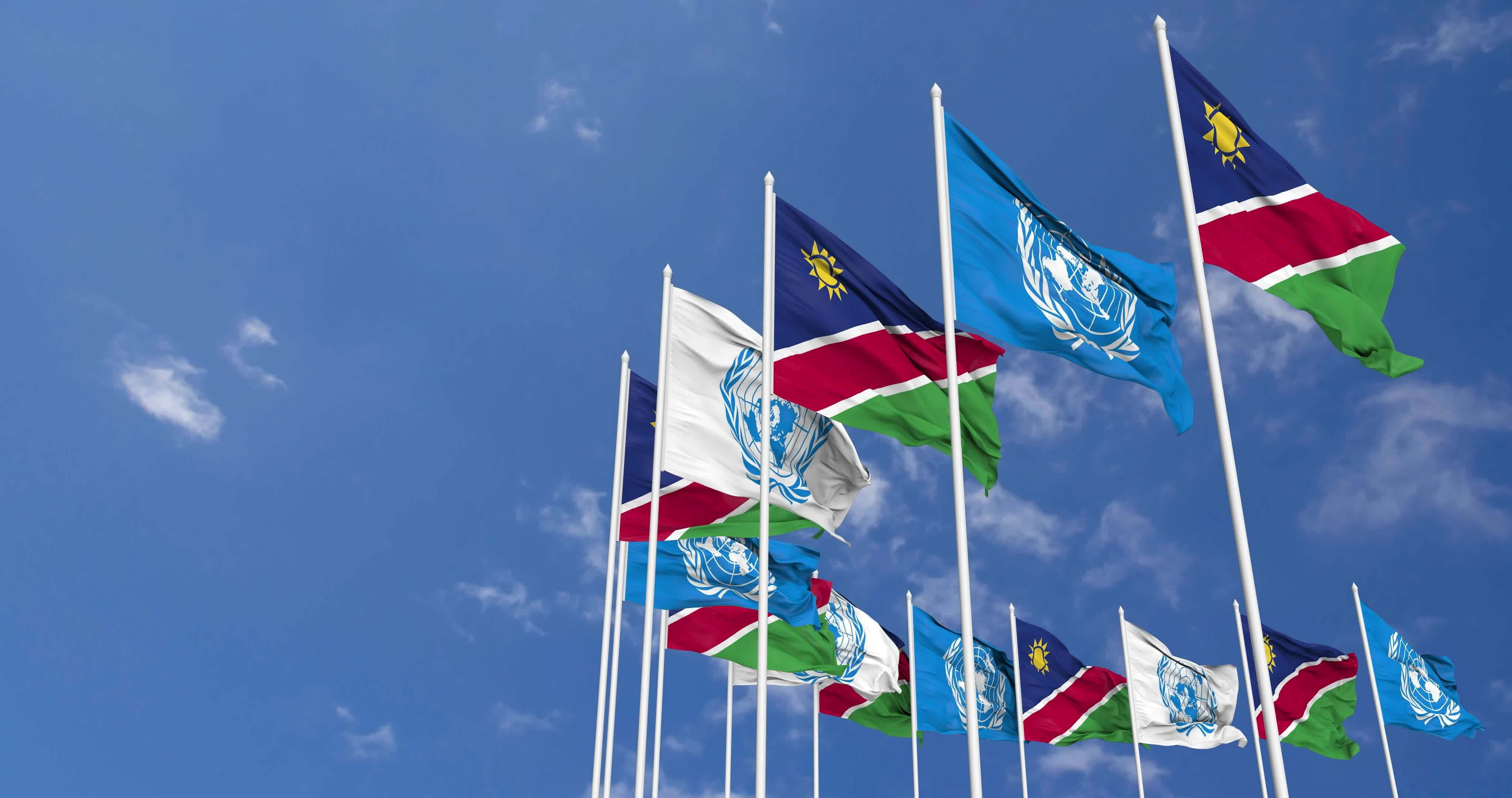 Namibia and United Nations, UN Flags Waving Together in the Sky, Seamless Loop in Wind, Space on ...
