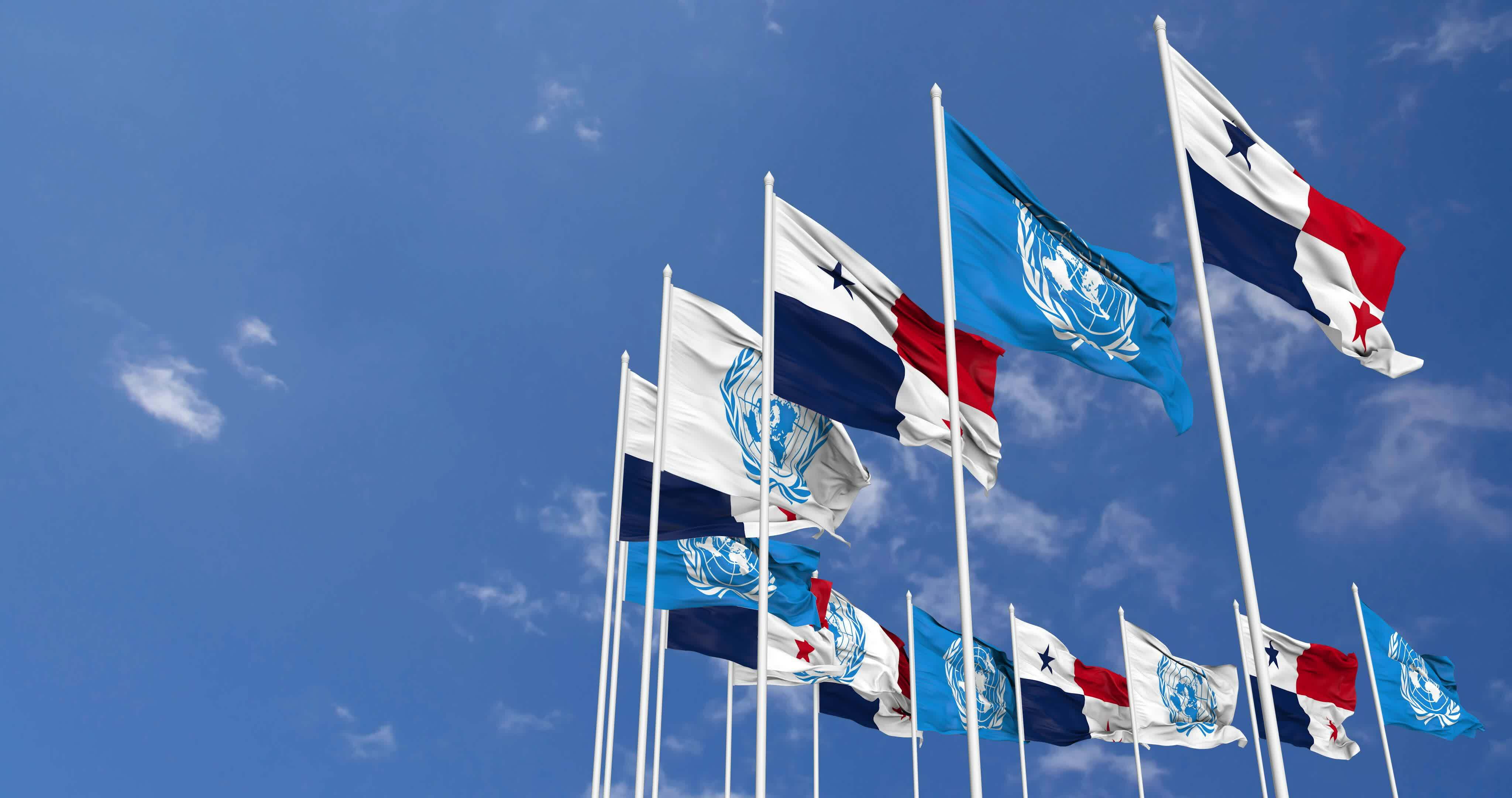 Panama and United Nations, UN Flags Waving Together in the Sky, Seamless Loop in Wind, Space on ...