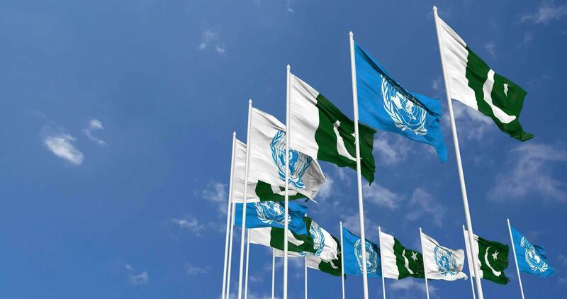 Pakistan and United Nations, UN Flags Waving Together in the Sky, Seamless Loop in Wind, Space ...