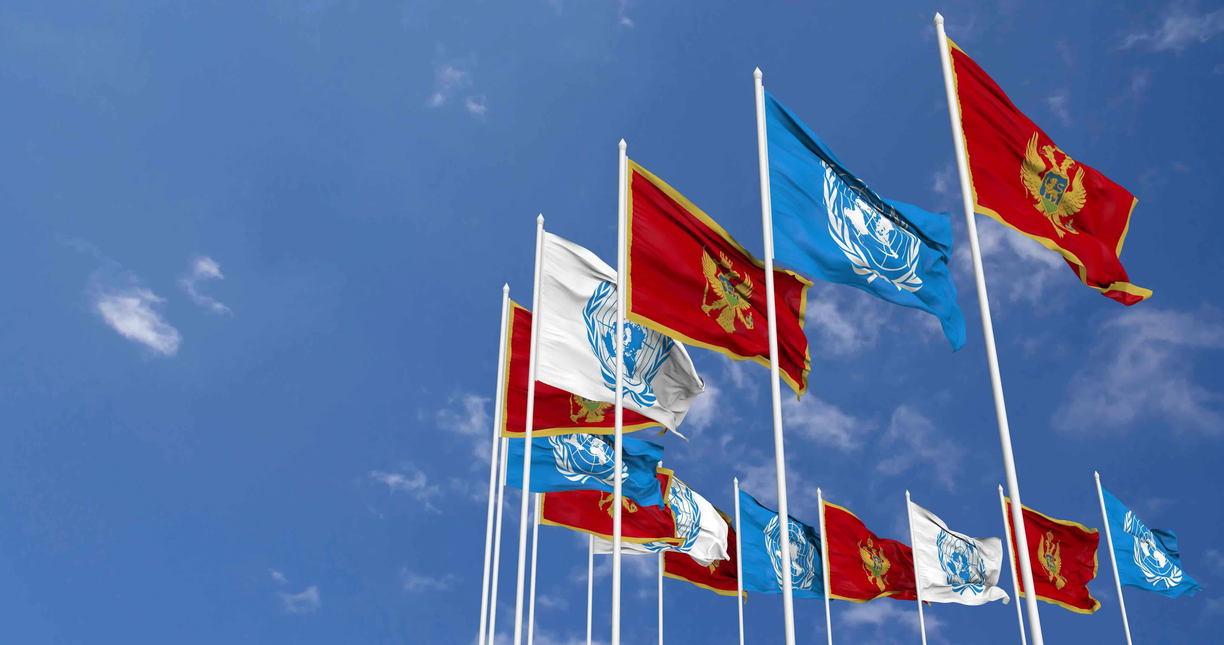 Montenegro and United Nations, UN Flags Waving Together in the Sky, Seamless Loop in Wind, Space ...