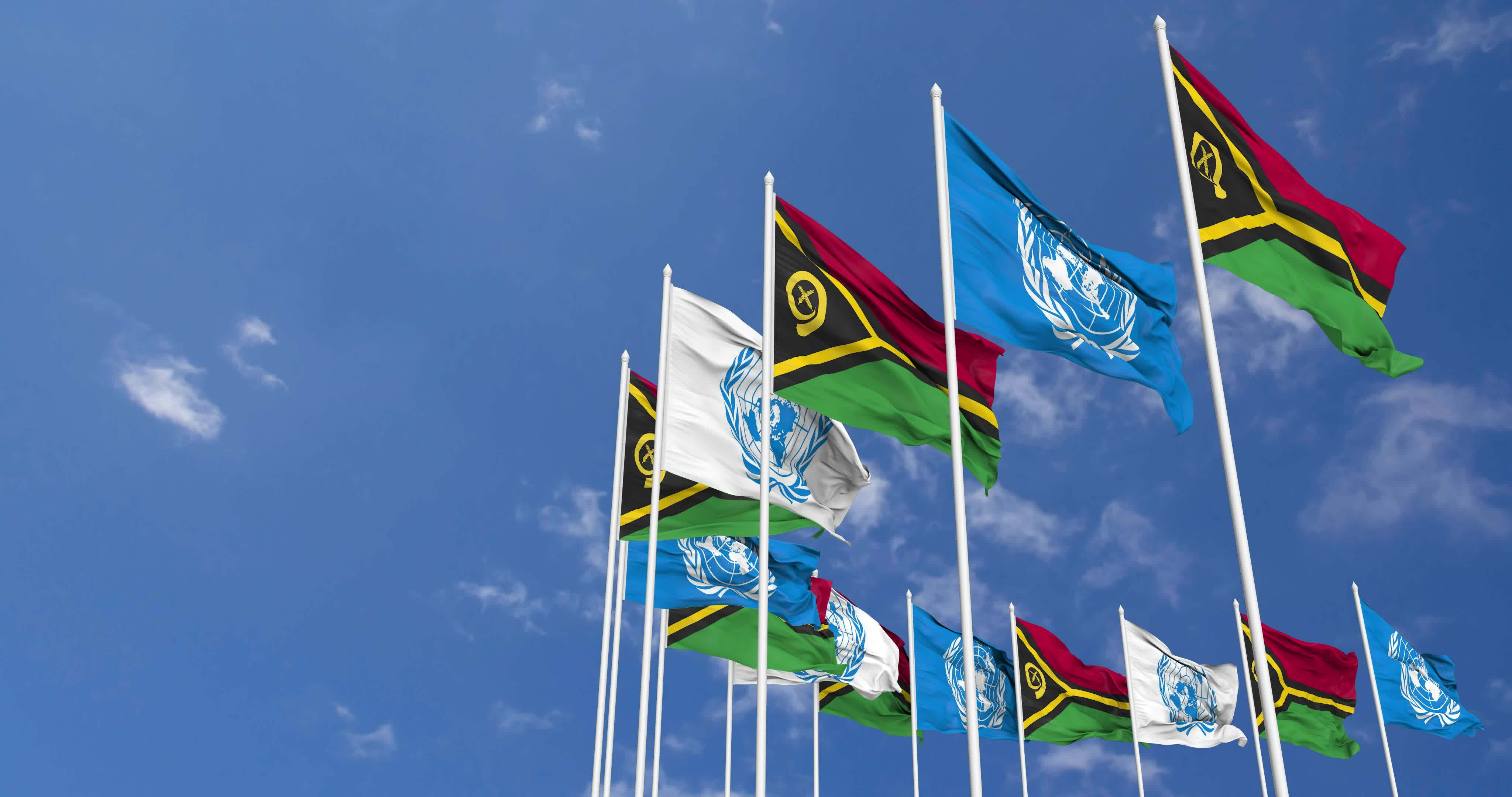 Vanuatu and United Nations, UN Flags Waving Together in the Sky, Seamless Loop in Wind, Space on ...