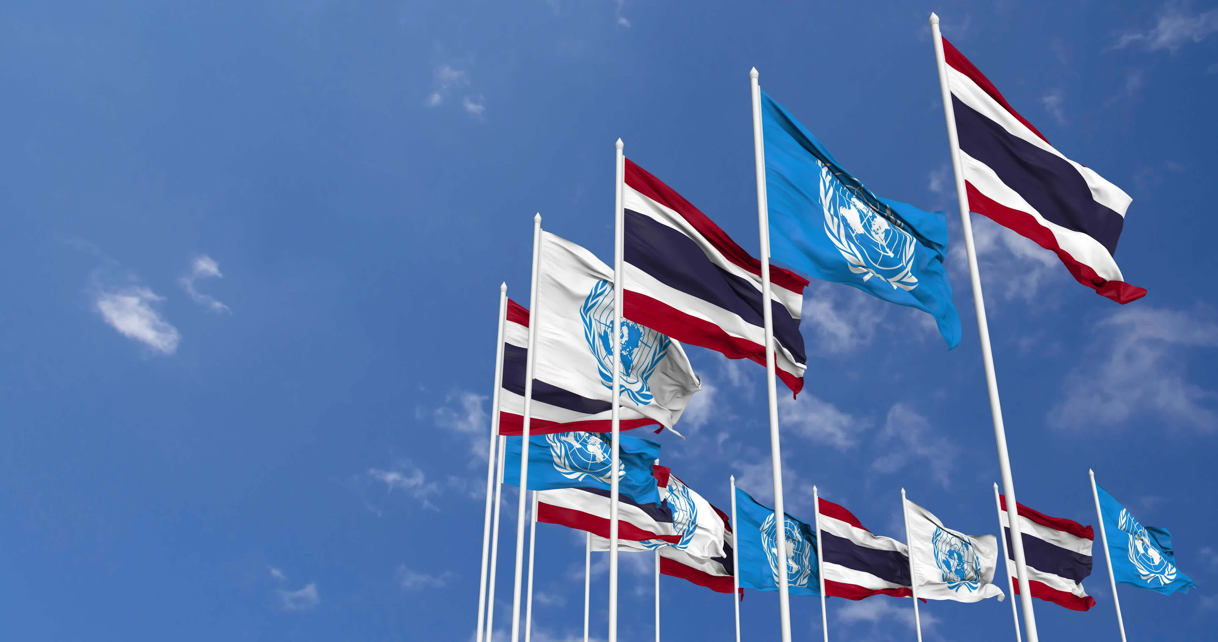 Thailand and United Nations, UN Flags Waving Together in the Sky, Seamless Loop in Wind, Space ...