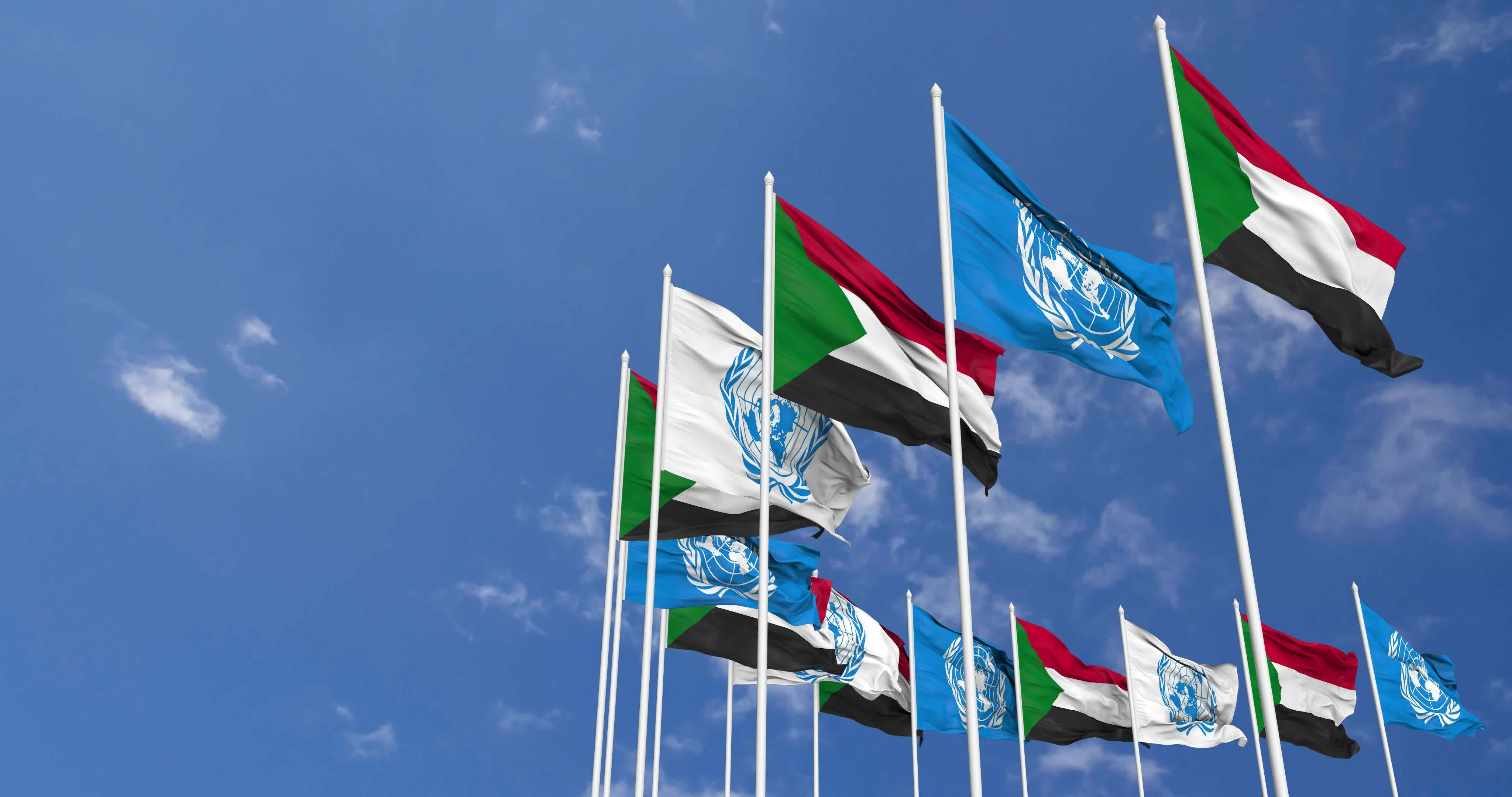 Sudan and United Nations, UN Flags Waving Together in the Sky, Seamless Loop in Wind, Space on ...