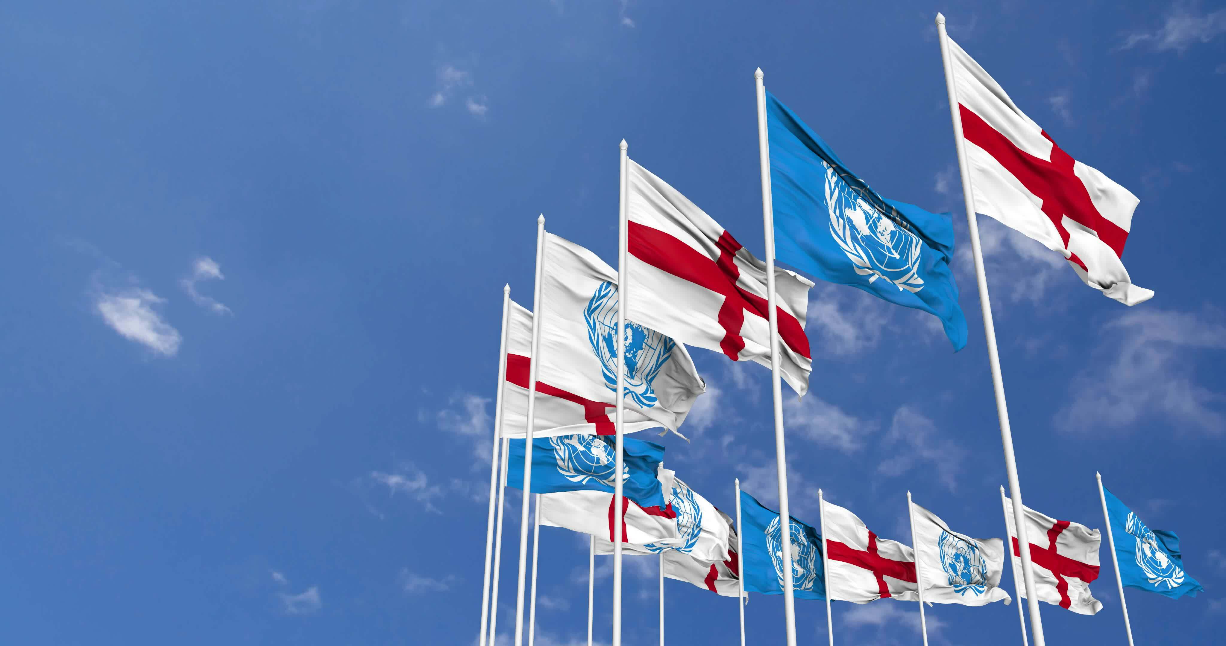 England and United Nations, UN Flags Waving Together in the Sky, Seamless Loop in Wind, Space on ...