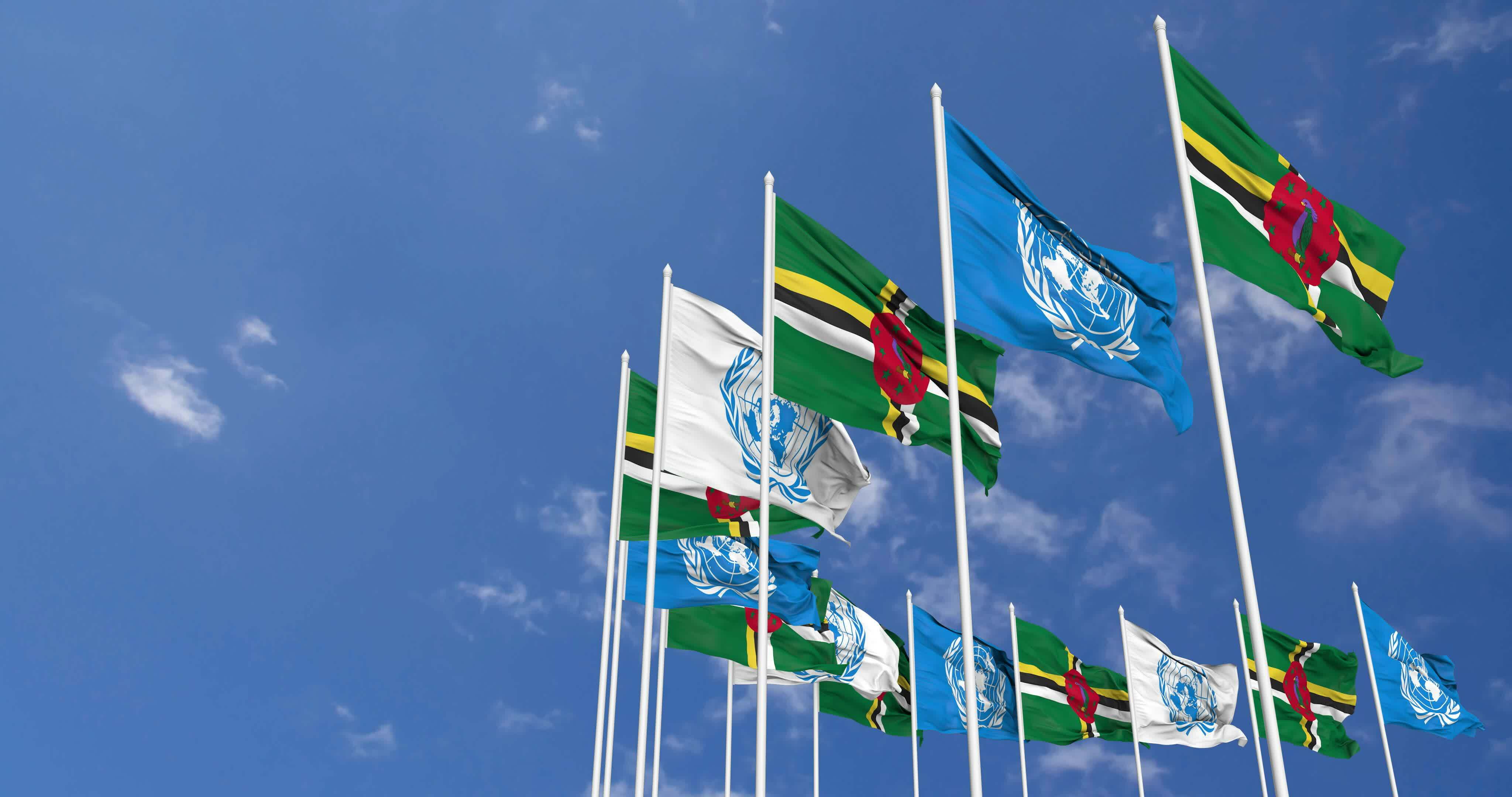 Dominica and United Nations, UN Flags Waving Together in the Sky, Seamless Loop in Wind, Space ...